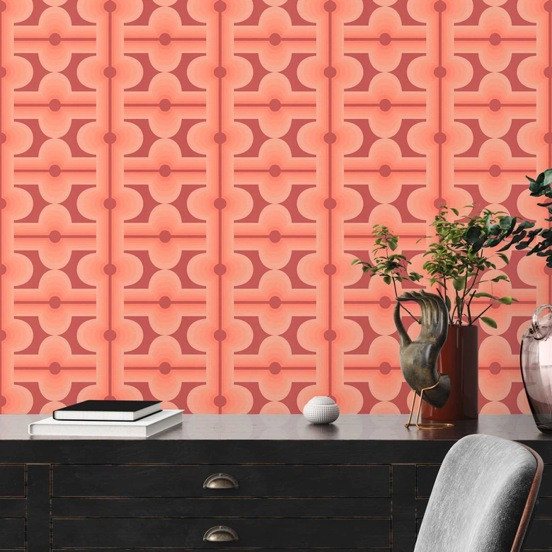 vintage vliesbehang rood oranje - retro patroon behang grafisch ...