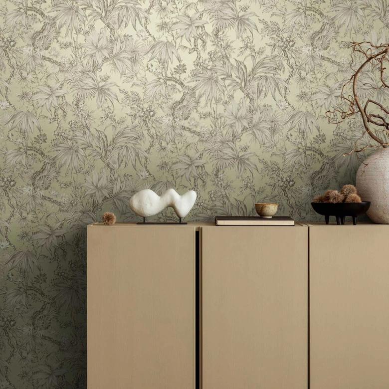 Botanisch behang groen beige - exotisch Vliesbehang met bladeren ...