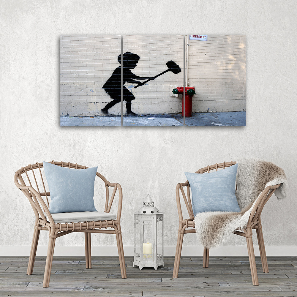 3-delige canvasprint, Banksy Hammer Boy Street | wall-art.nl
