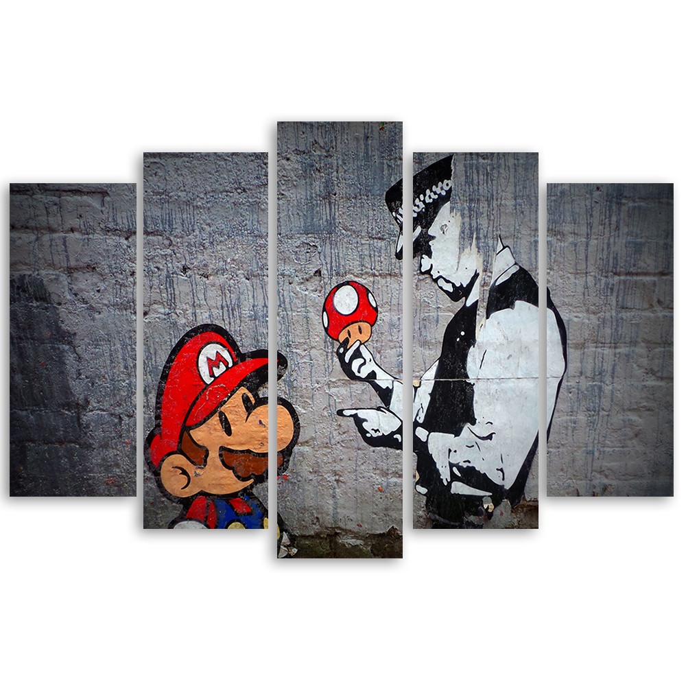 Leinwandbild 5 teilig, Banksy Mario Graffiti | wall-art.de