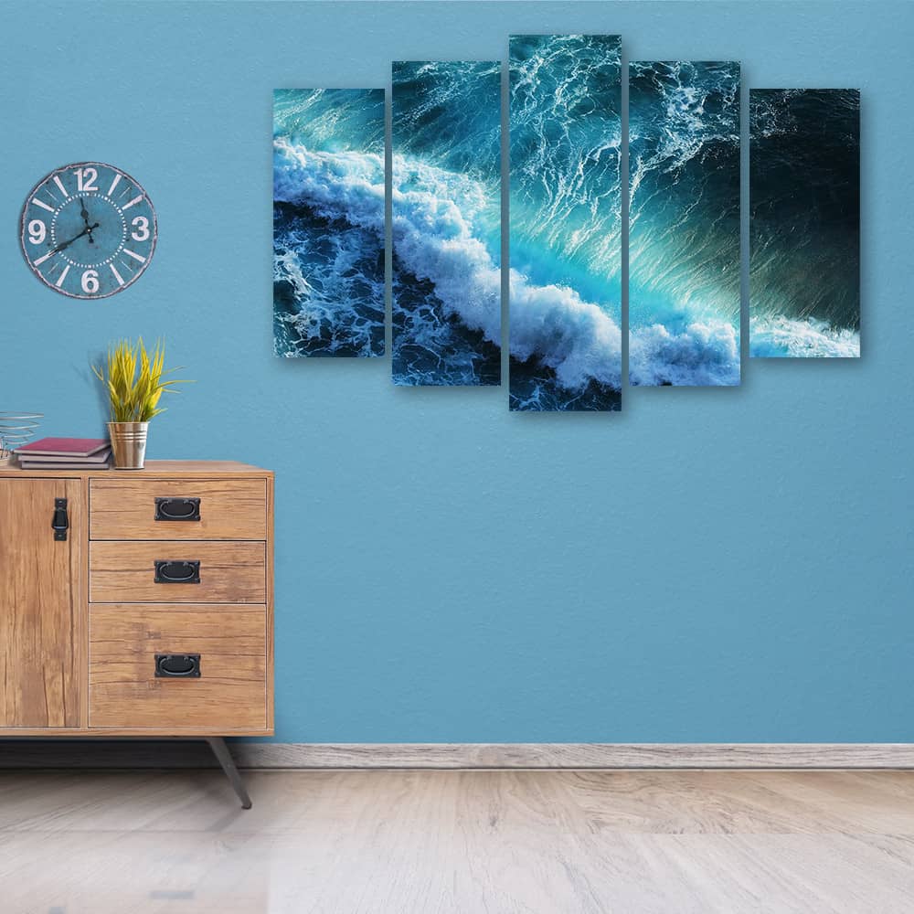 Tableau sur Toile en 5 parties Vagues Mer Océan Bleu | wall-art.fr