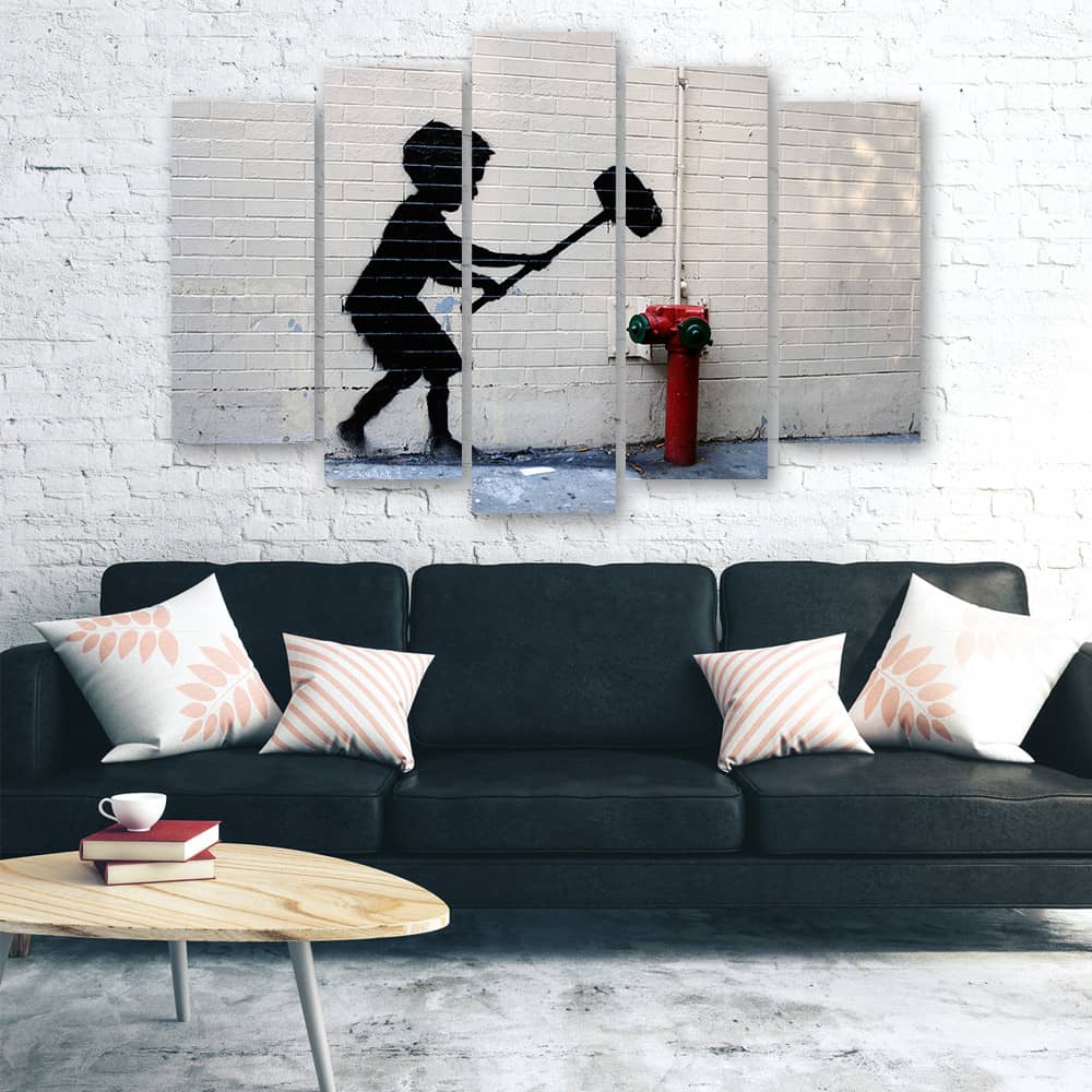 Impression sur toile en 5 parties, Banksy Hammer Boy Street | wall-art.fr