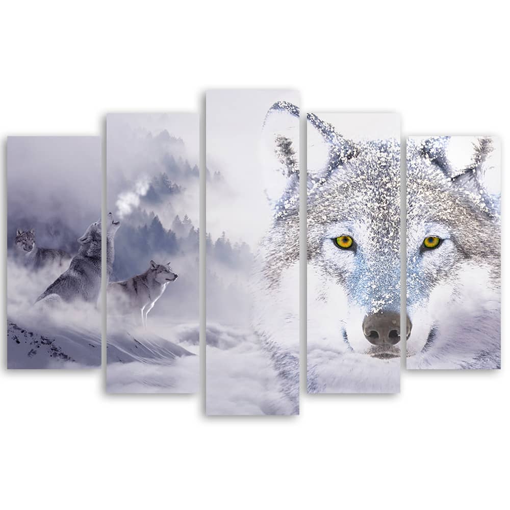 Wandbild 5-teilig, Wolf Wald Nebel Natur Grau | wall-art.de