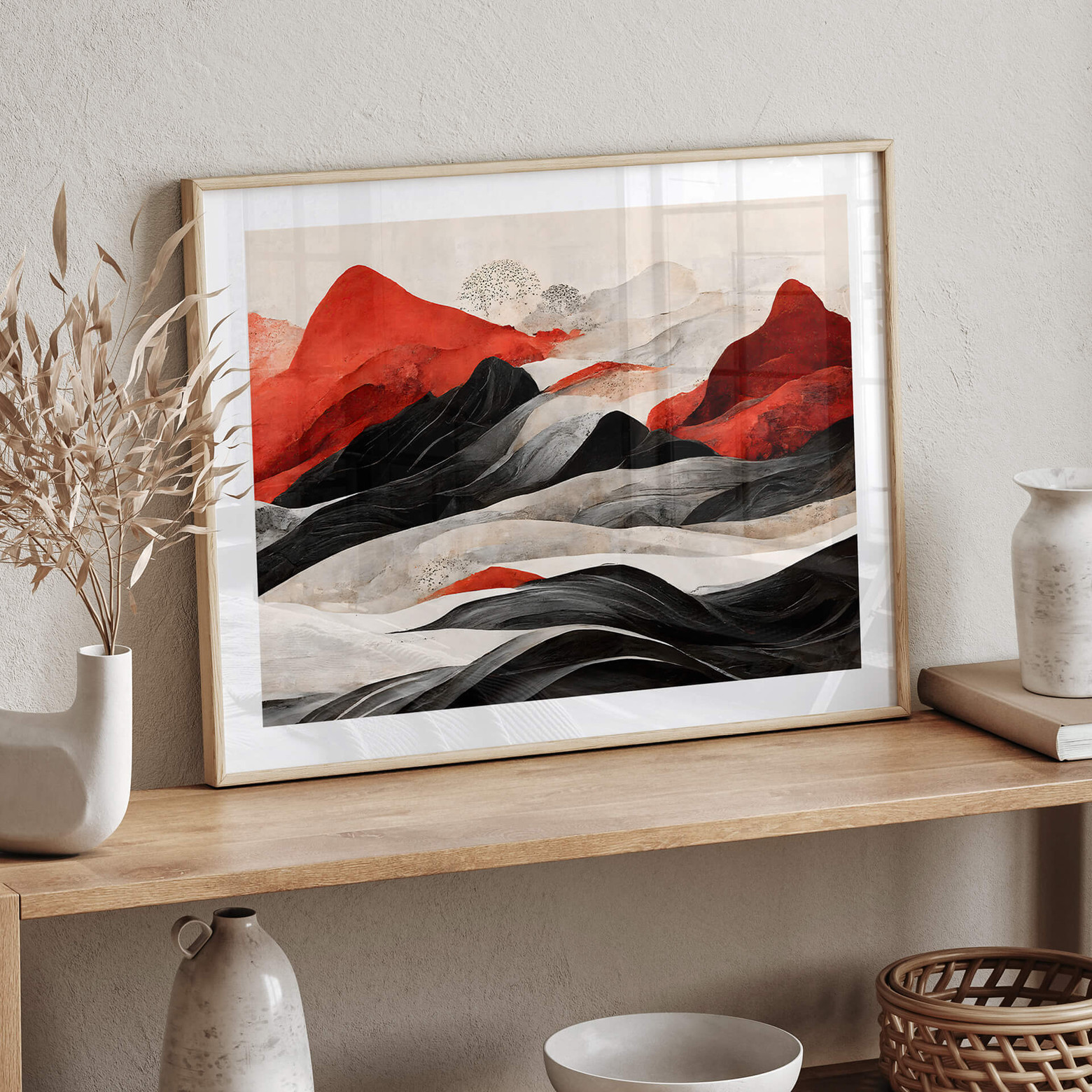 Poster Treechild - Rote Berge im Japandi Stil | wall-art.de