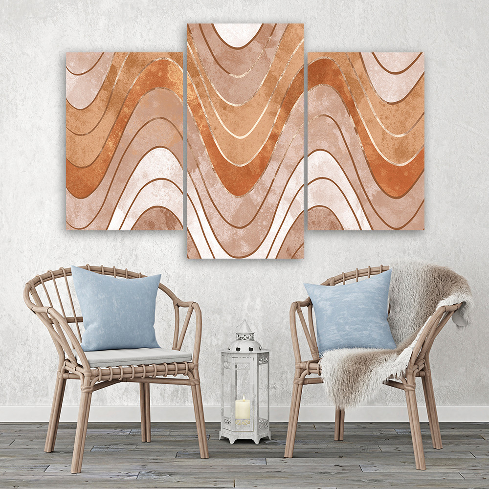 3 stykke lærredsprint, vandrette bølgede linjer | wall-art.dk