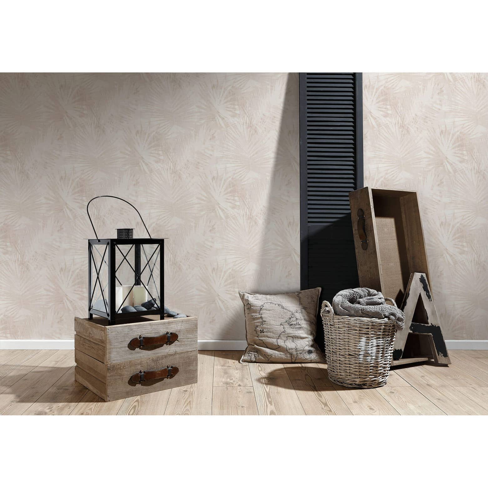 Hygge palm wallpaper in beige and cream with linen optic non-woven ...