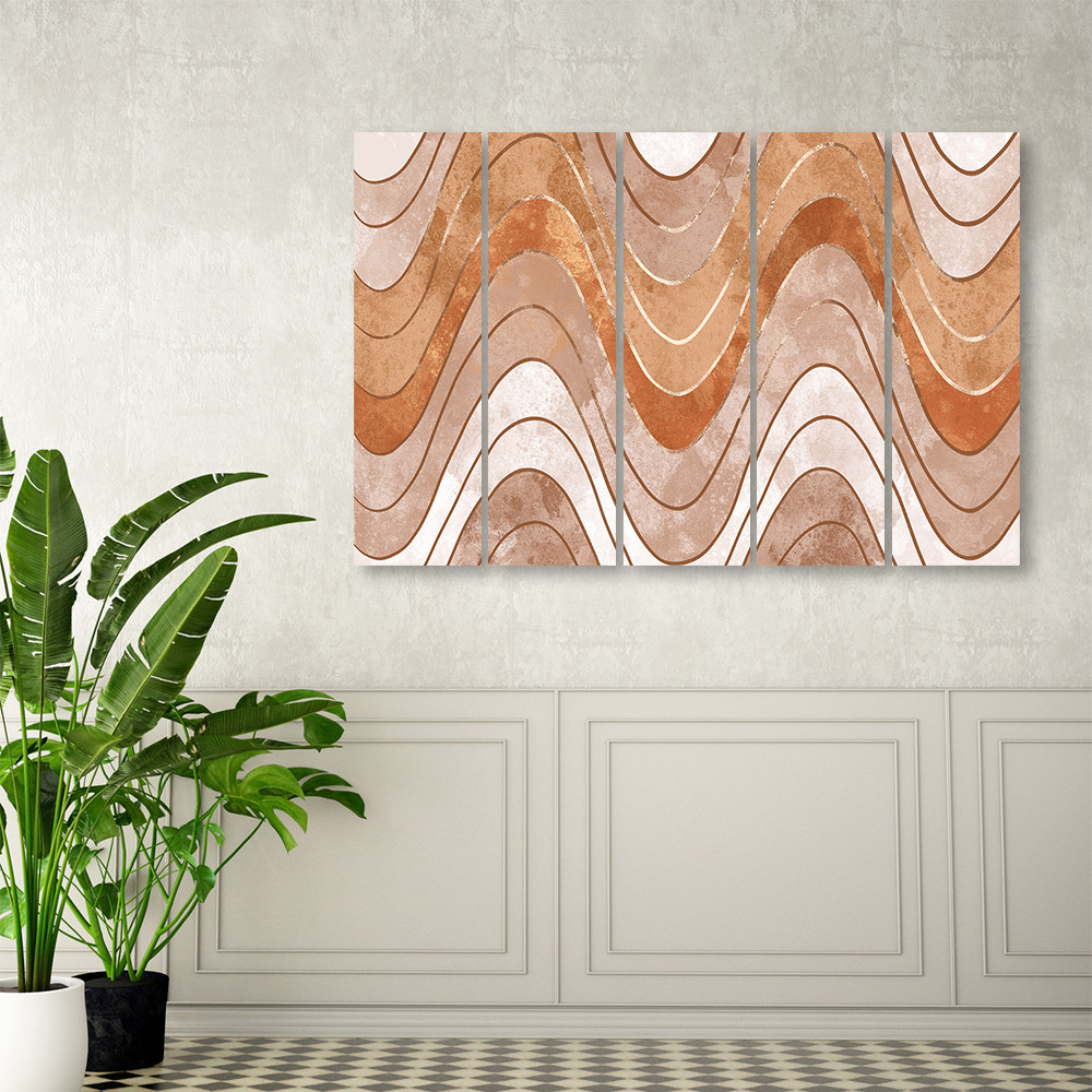 5 stykke lærredsprint, vandrette bølgede linjer | wall-art.dk