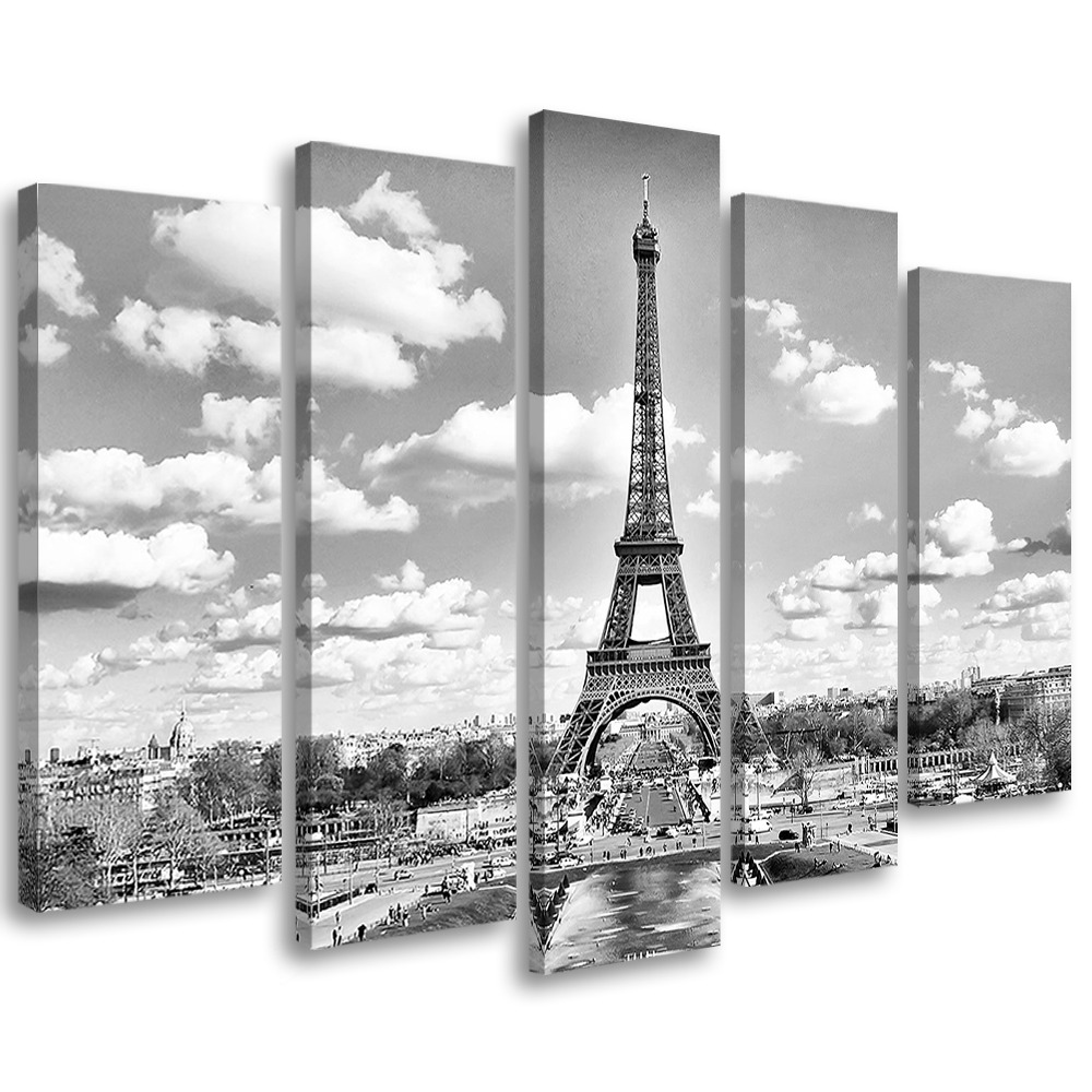 Tableau sur toile en 5 parties Tour Eiffel noire et blanche | wall-art.fr