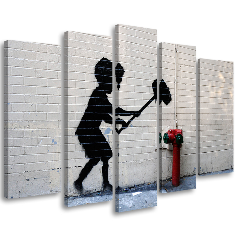 Impression sur toile en 5 parties, Banksy Hammer Boy Street | wall-art.fr
