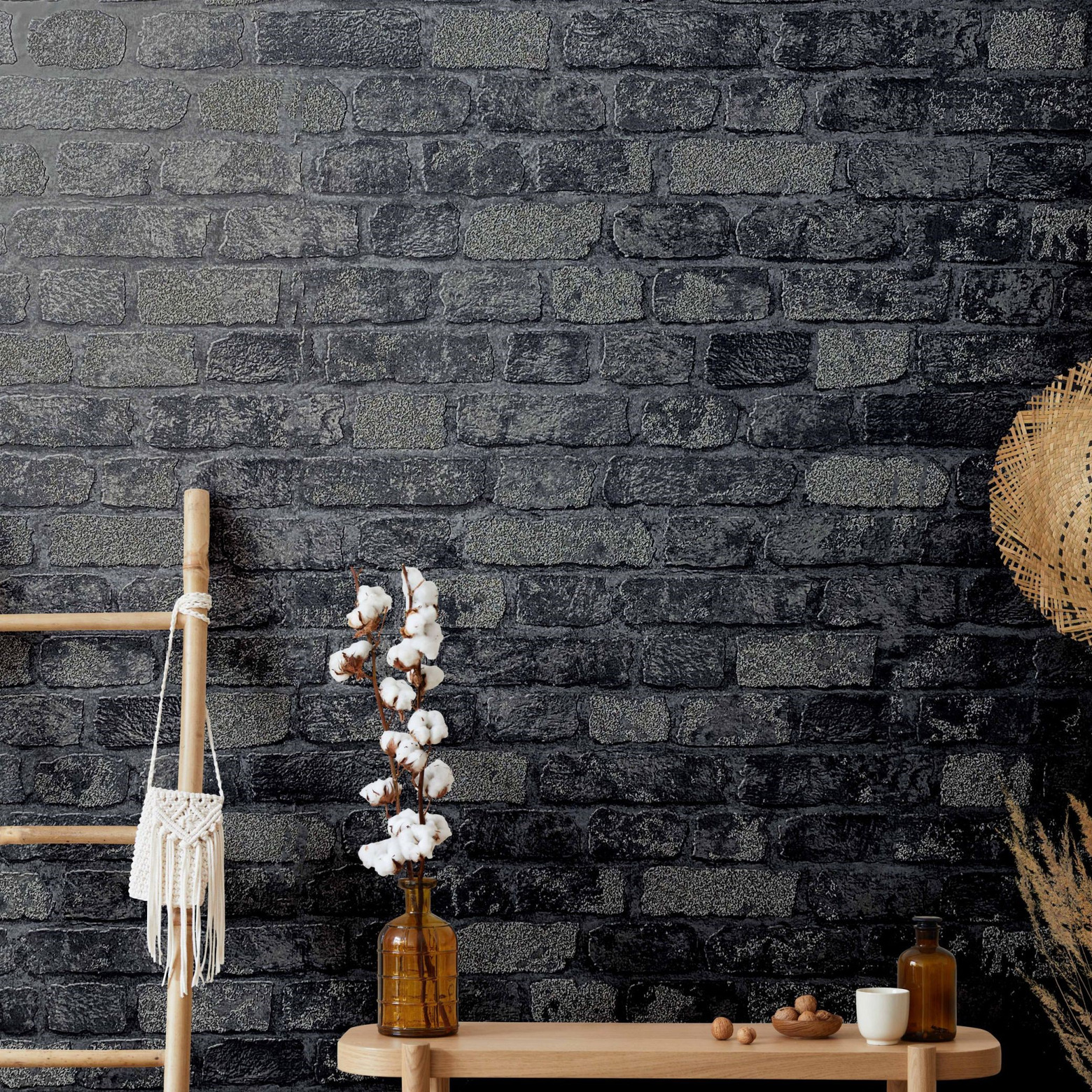 Stone effect wallpaper, black non-woven wallpaper | wall-art.com