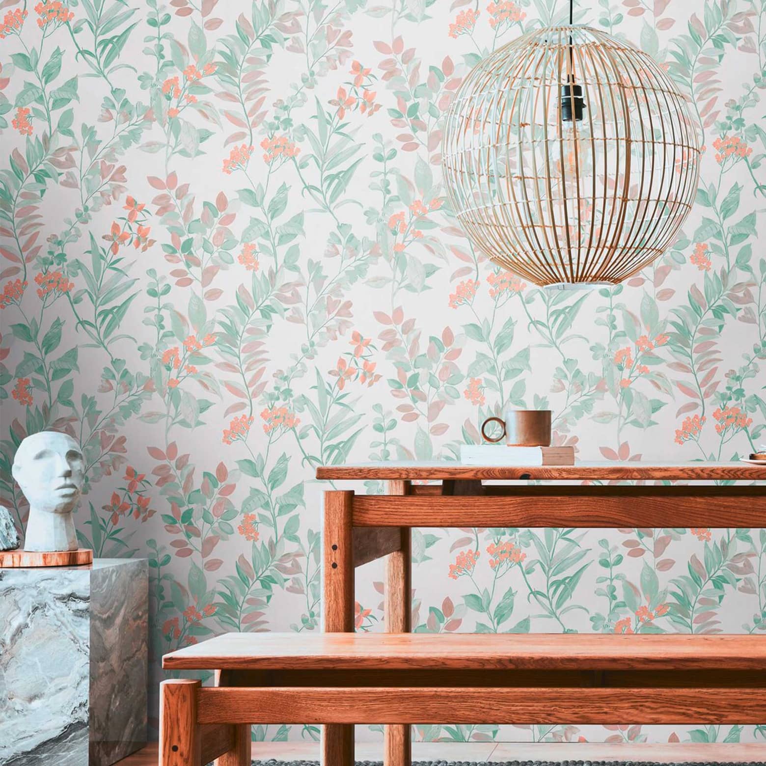 blomstertapet med blomster lysegrøn hvid - non-woven tapet blomst ...