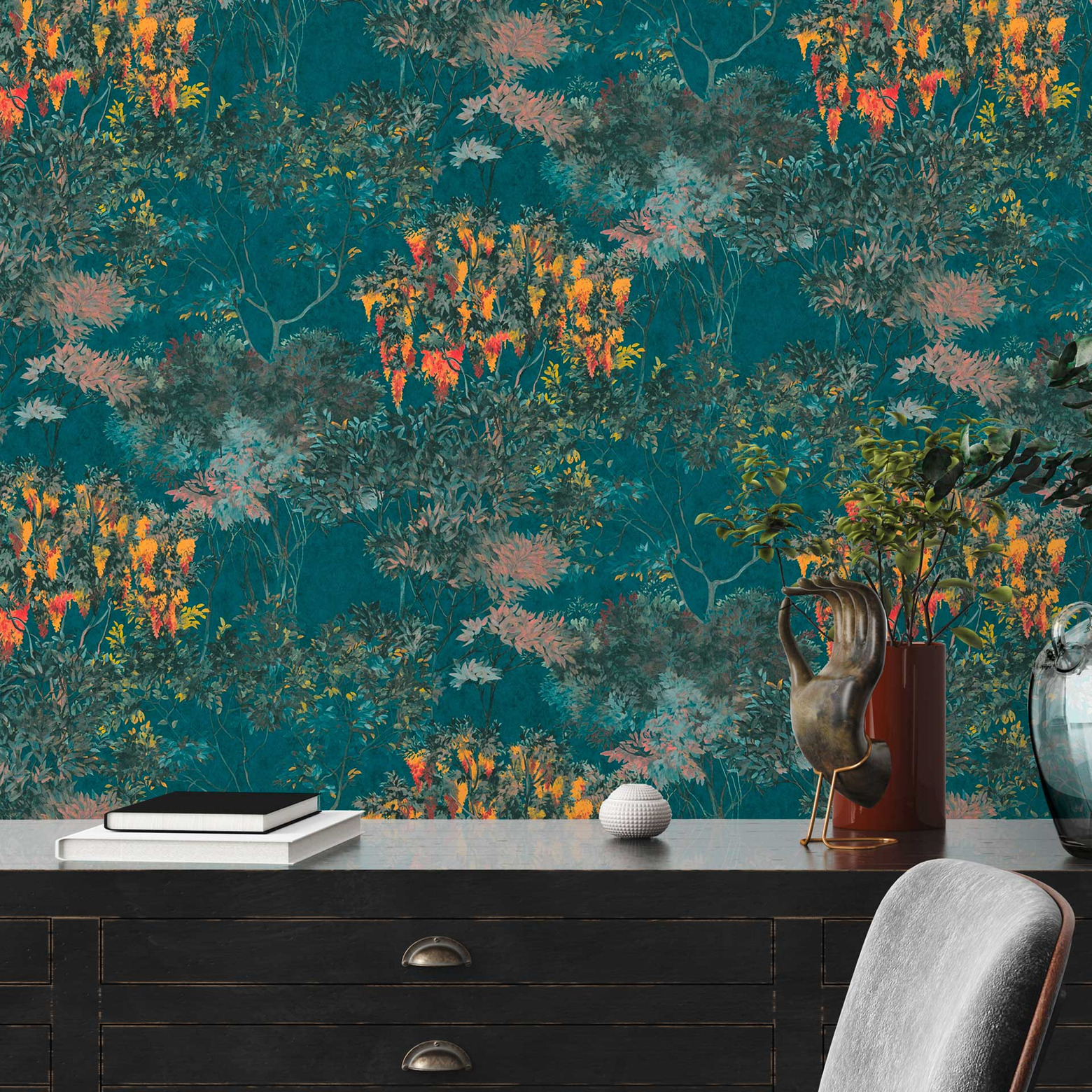 non-woven tapet med træer sort mørkeblå - akvarel tapet | wall-art.dk