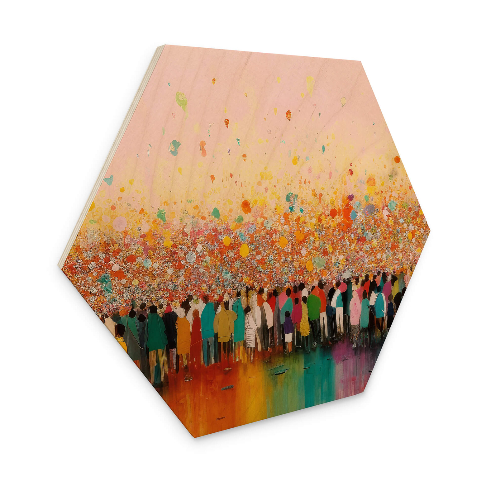 Hexagon Holzbild Treechild - Lebensfreude bunter Menschen | wall-art.de