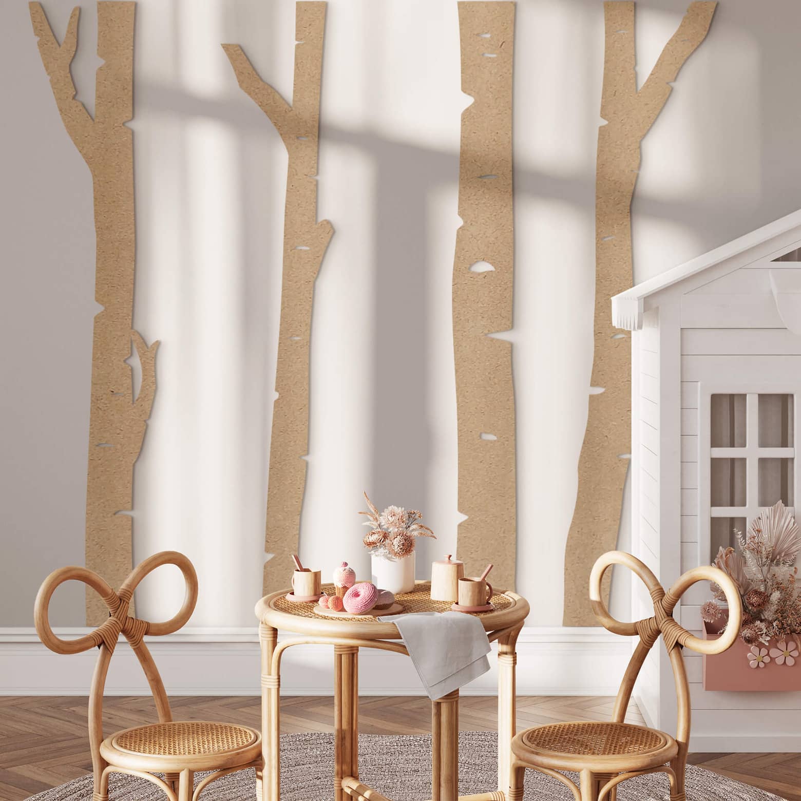 XXL Holz-Wandpaneel Birken-Baum - Wald mit Vögeln - MDF Natur | wall-art.de