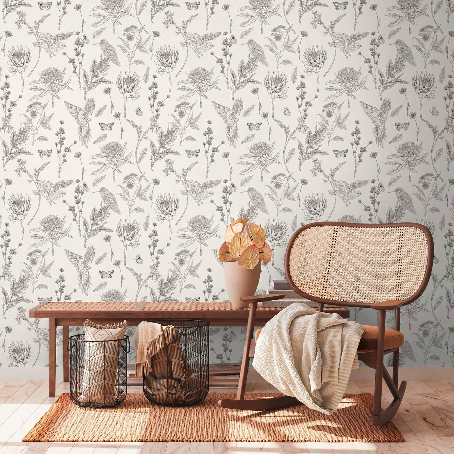 vliesbehang met bloemen en vogels zwart wit - behang bloemmotieven ...