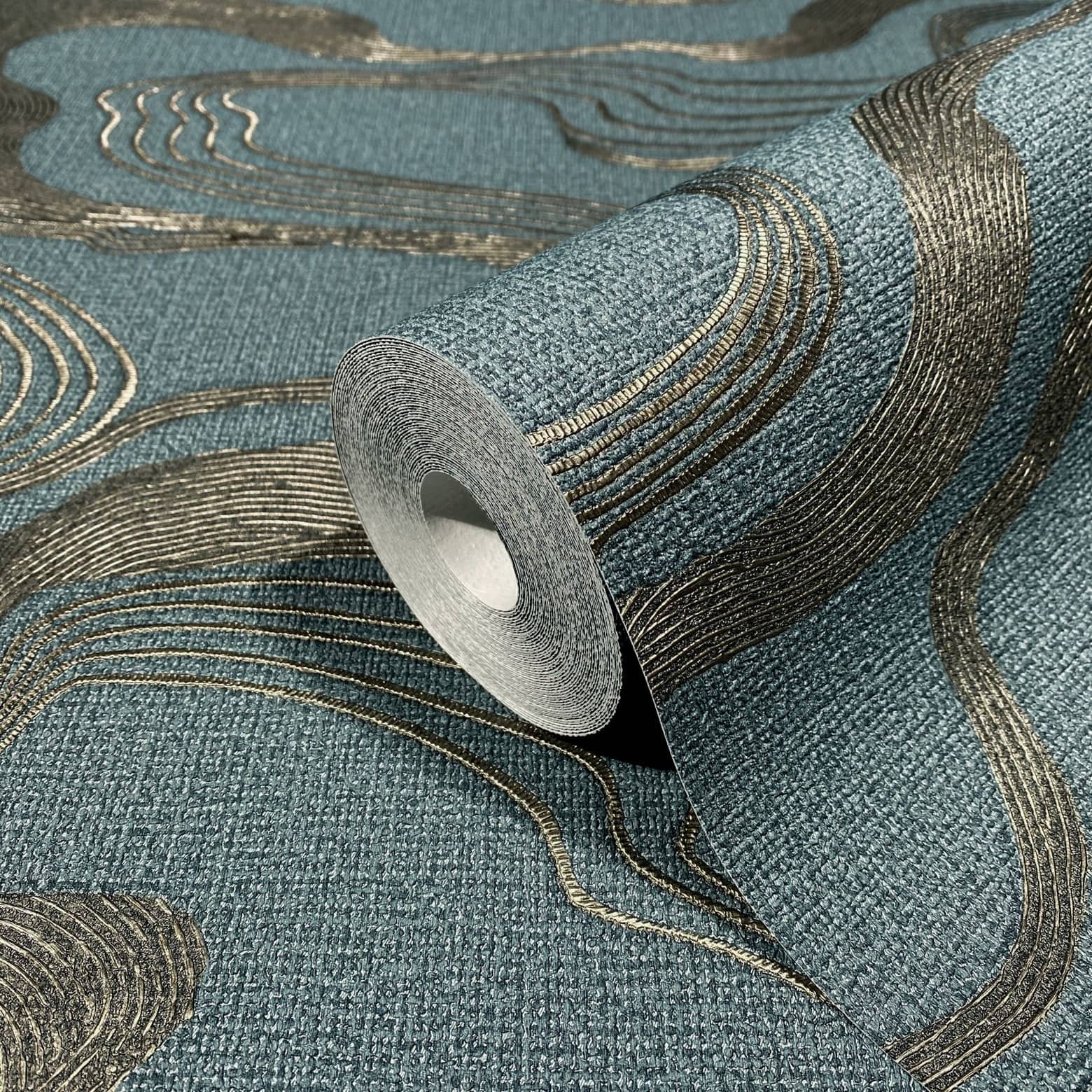 grafisch behang, vliesbehang Kumano blauw | wall-art.nl