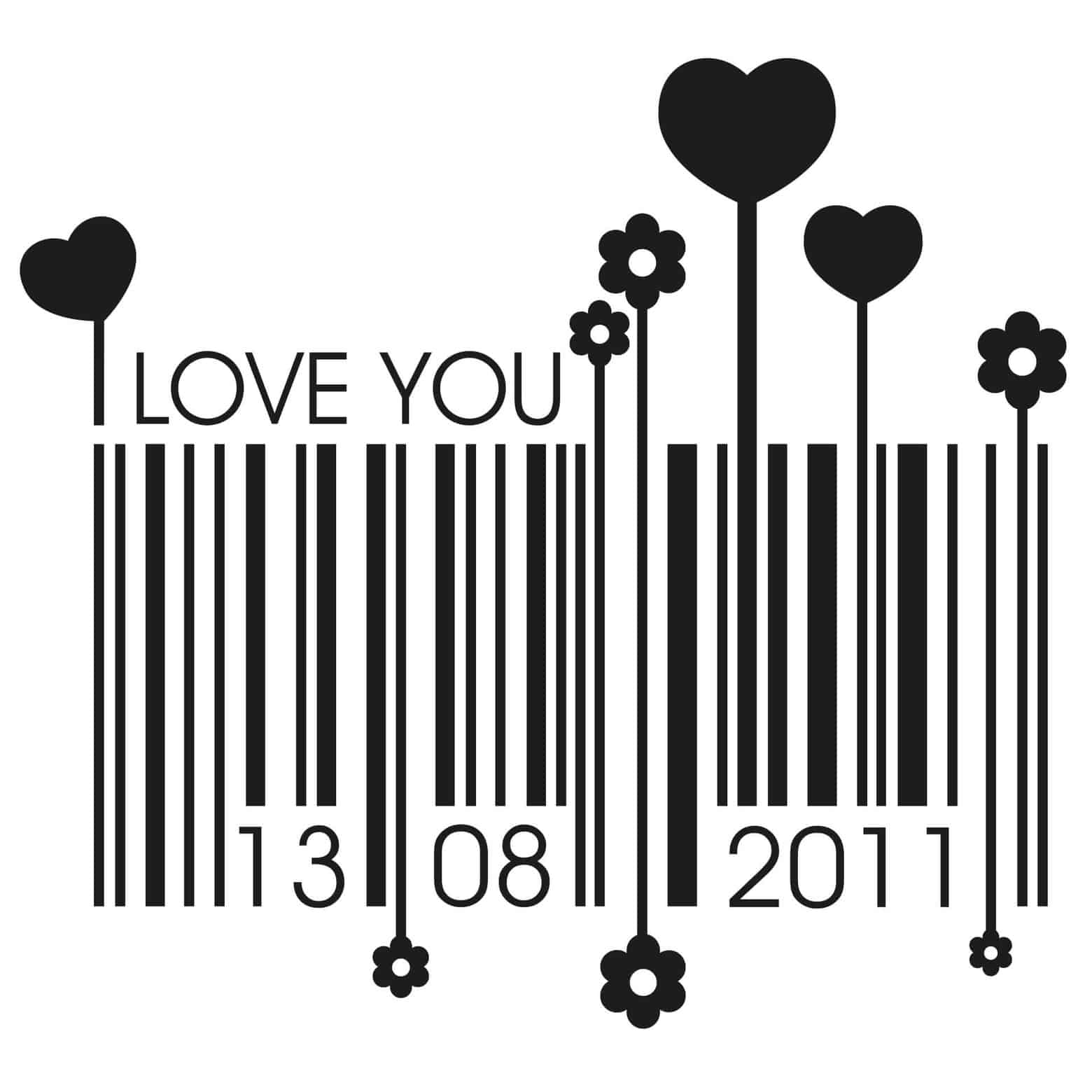 Sticker mural code barre I love + Date à personnaliser | wall-art.fr