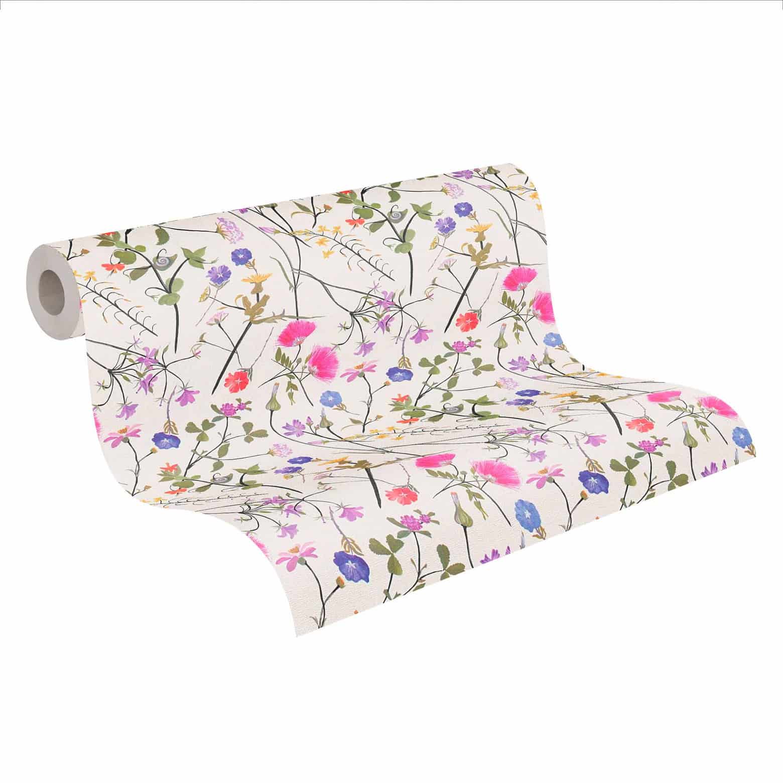 Blumentapete Weiß Bunt - Naturtapete Vlies - Tapete Floral Blätter ...