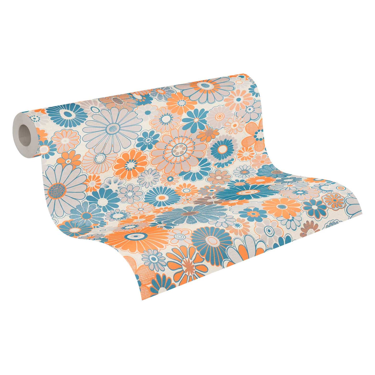 vintage bloemen behang blauw oranje - bloemen behang in retro stijl ...