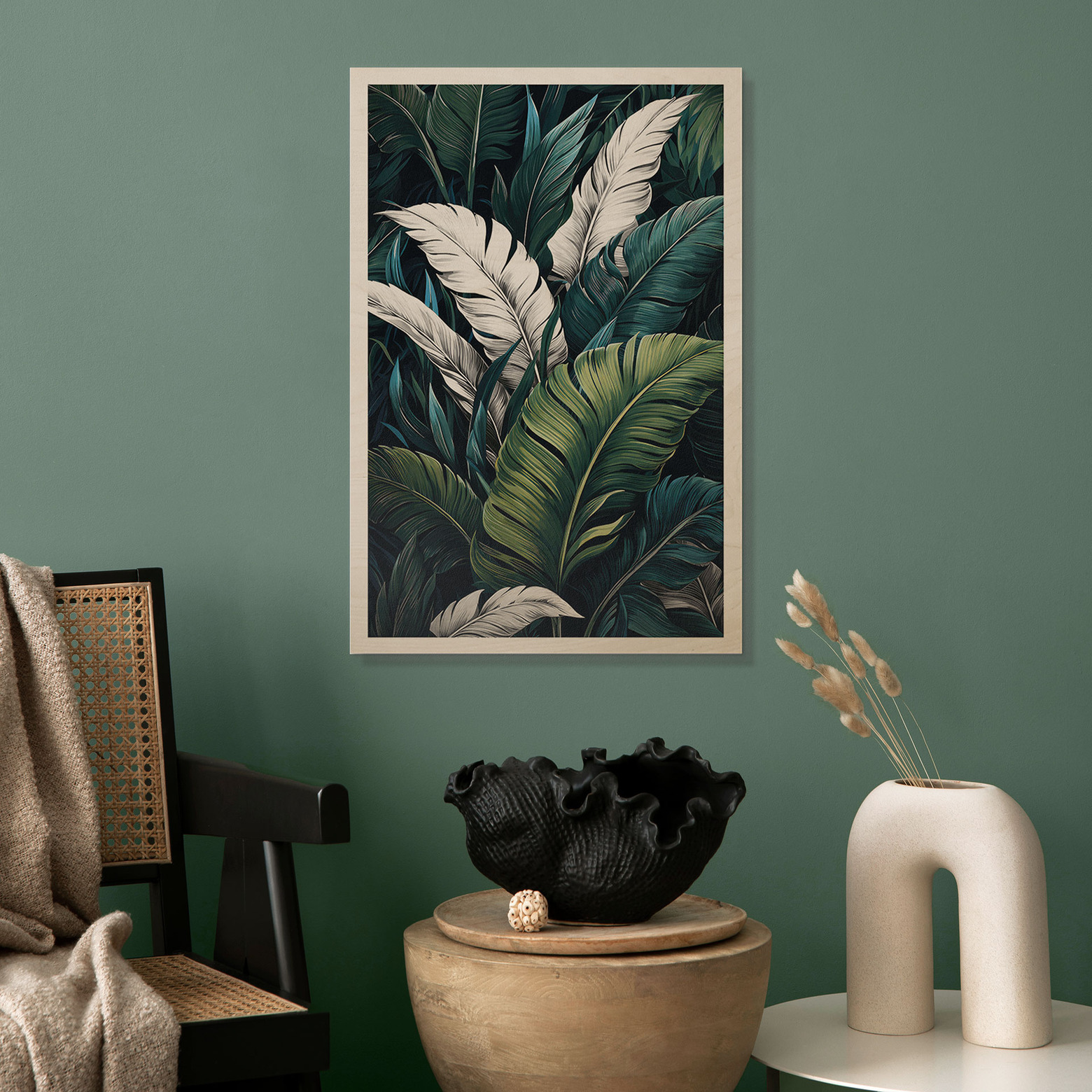 Houten Poster Kleurrijke palmbladeren - Jaszke | wall-art.nl