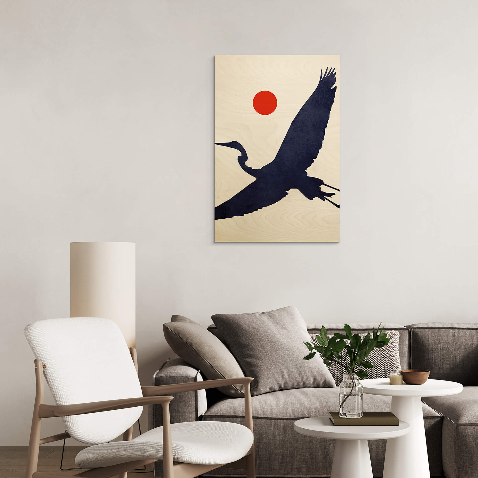 Holzbild Kubistika - Kranich mit roter Sonne | wall-art.de