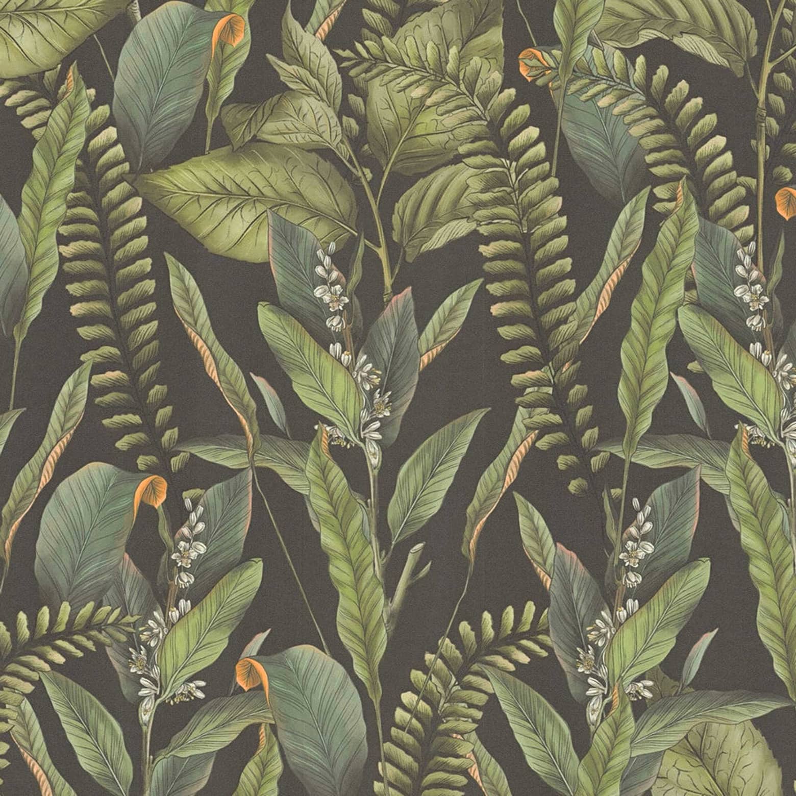 Jungle tapet sort grøn - non-woven tapet blomstret med blade og ...
