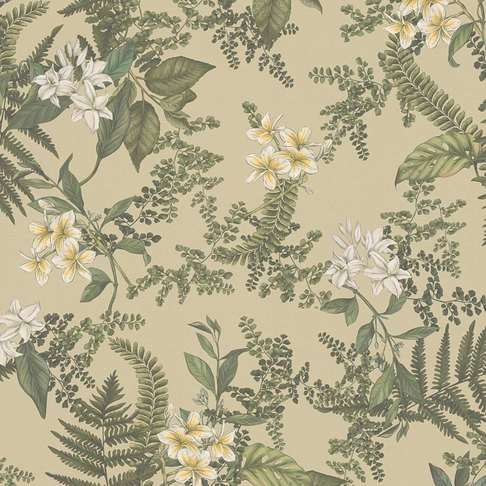 Pflanzen-Tapete mit Blüten Grün Beige - Vliestapete mit Blumen floral ...