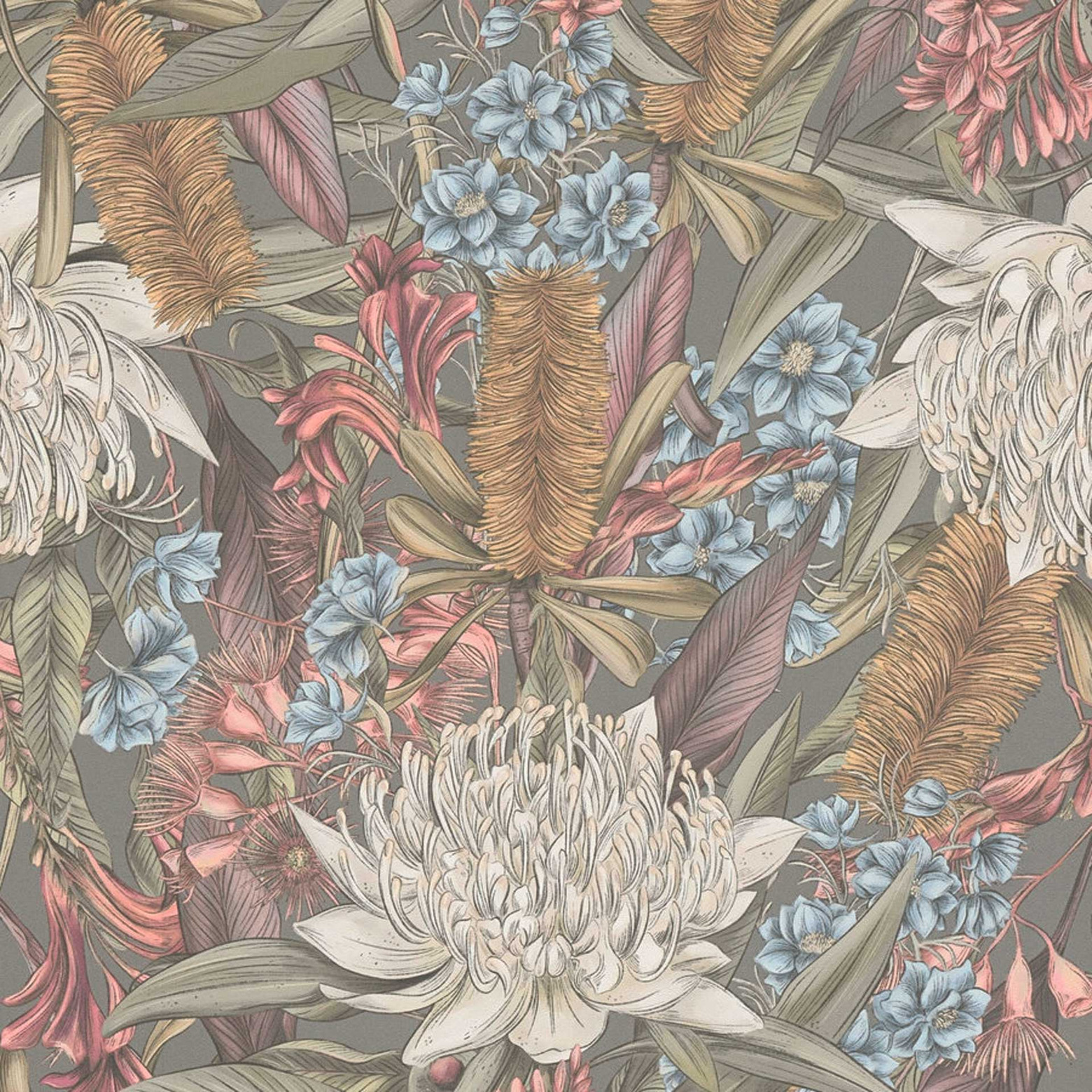 Vliestapete mit Dschungel-Muster Grau Grün - Tapete mit großen Blüten ...