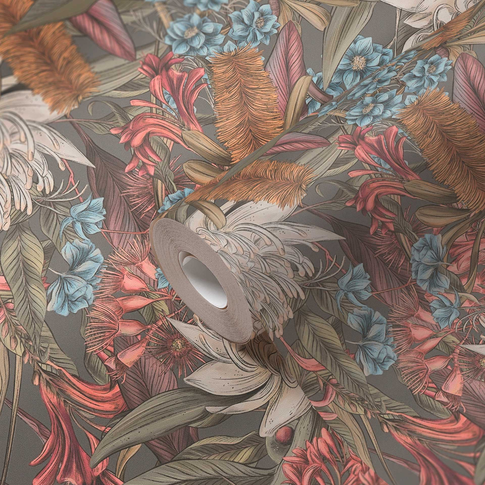 non-woven wallpaper with jungle pattern grey green - wallpaper with big ...