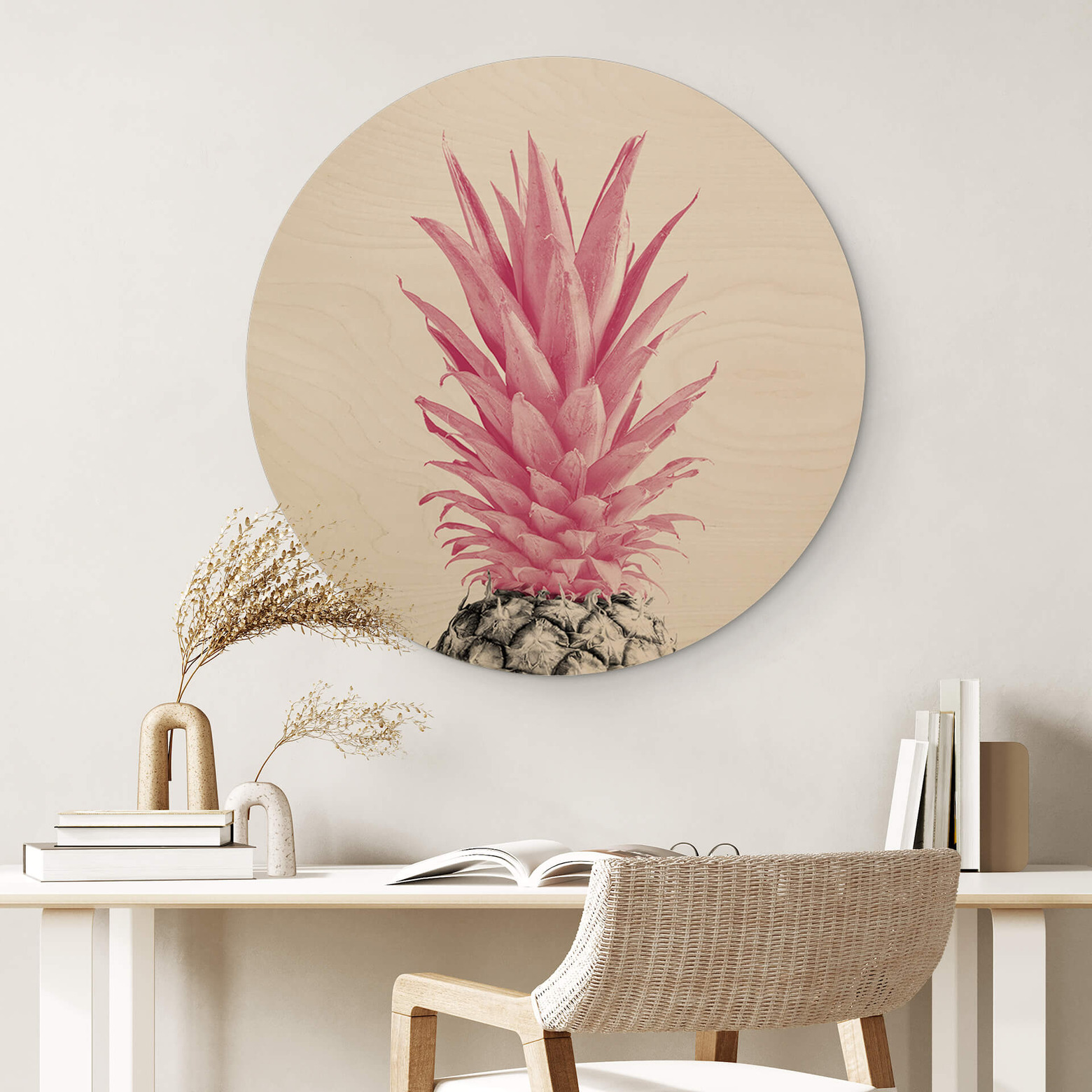 Tableau sur bois rond 1X Studio - Pink Pineapple | wall-art.fr