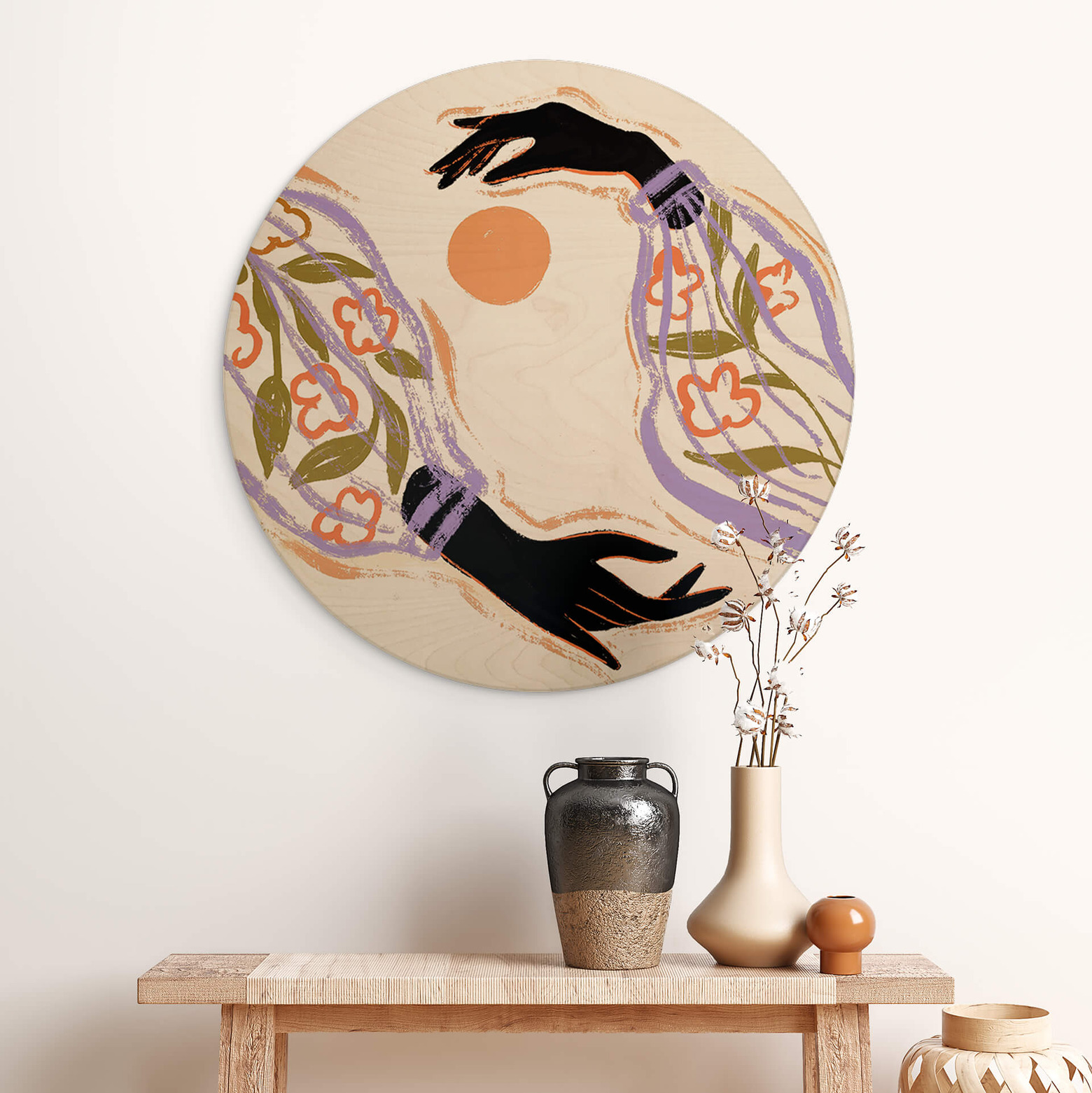 Tableau sur bois rond Arty Guava - Hugging the Sun | wall-art.fr