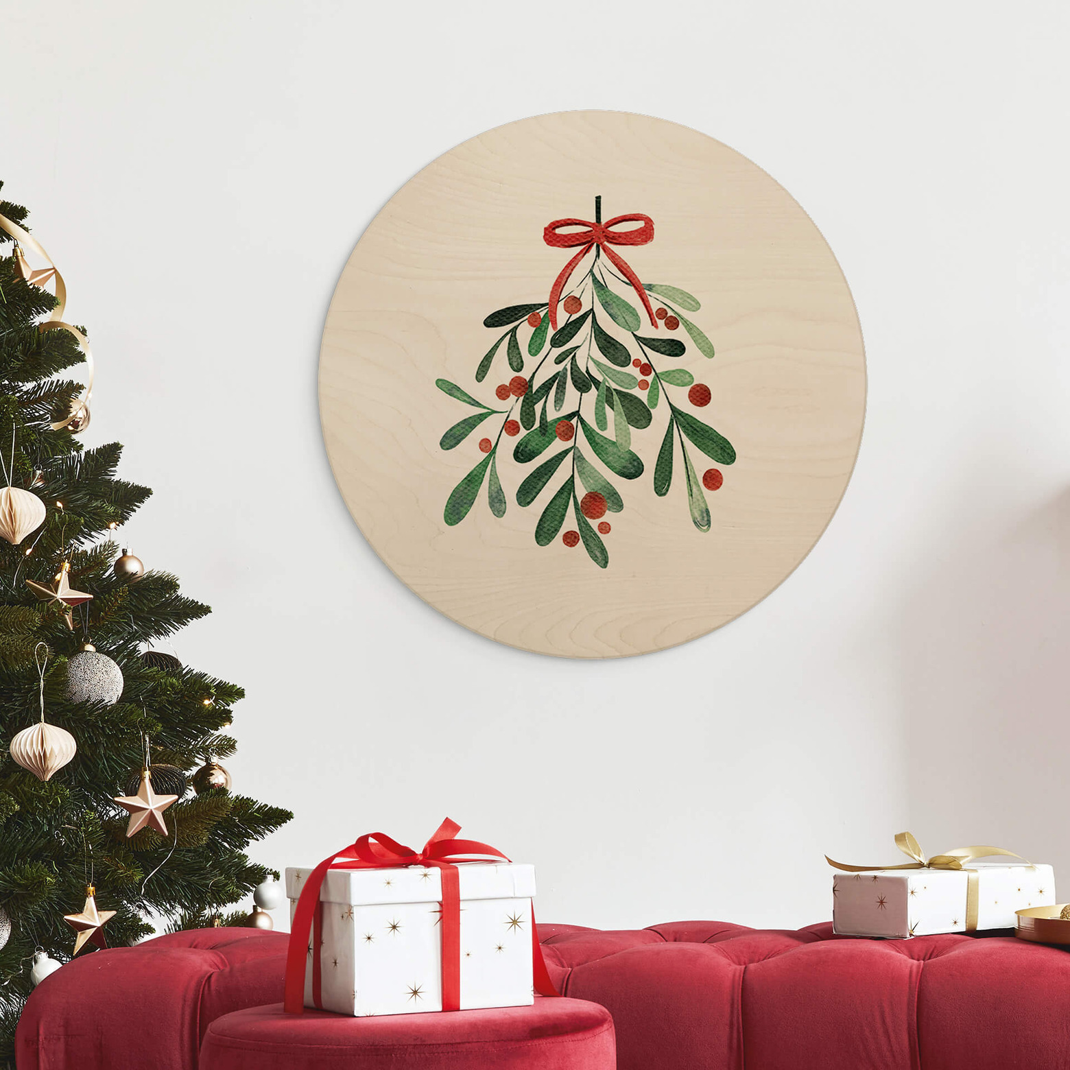 Tableau sur bois rond Kristina - Mistletoe Christmas | wall-art.fr