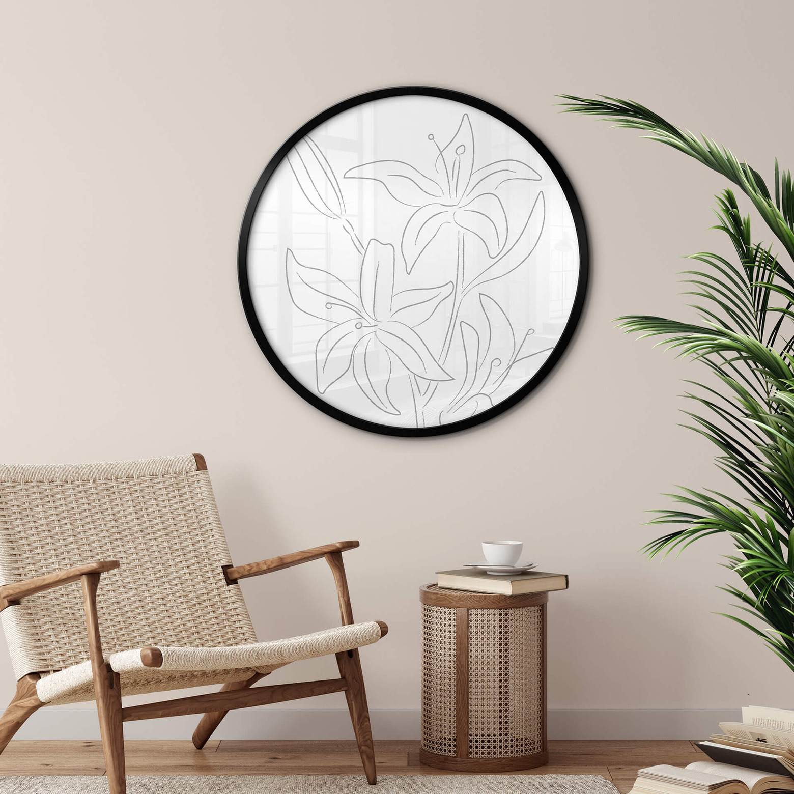 Ronde Poster 1X Studio - Line Art Floral | wall-art.nl