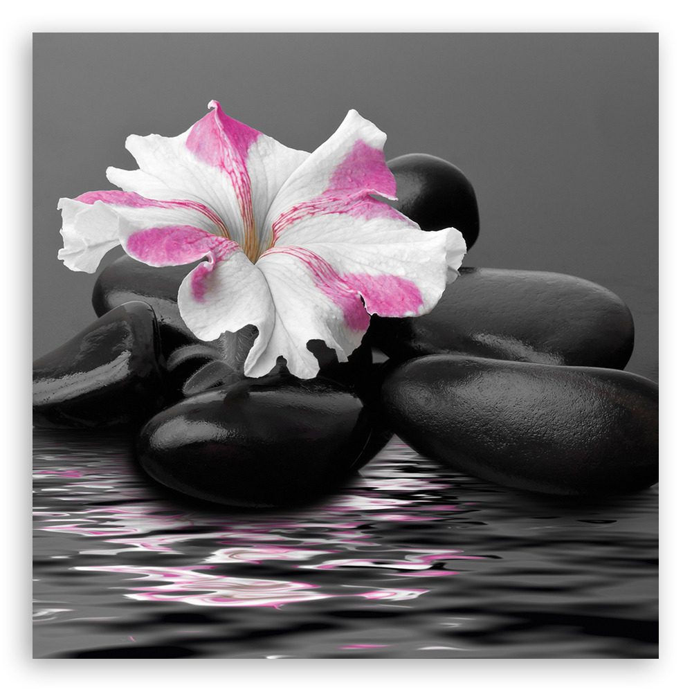 Tableau sur toile, pierres fleurs roses Zen | wall-art.fr