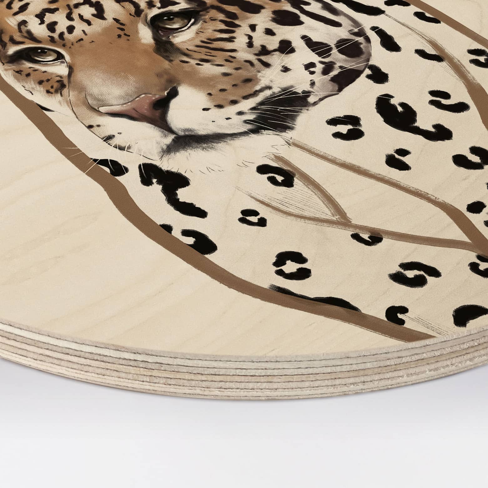 Wandcirkel Hout Luipaard illustratie - Roberg | wall-art.nl