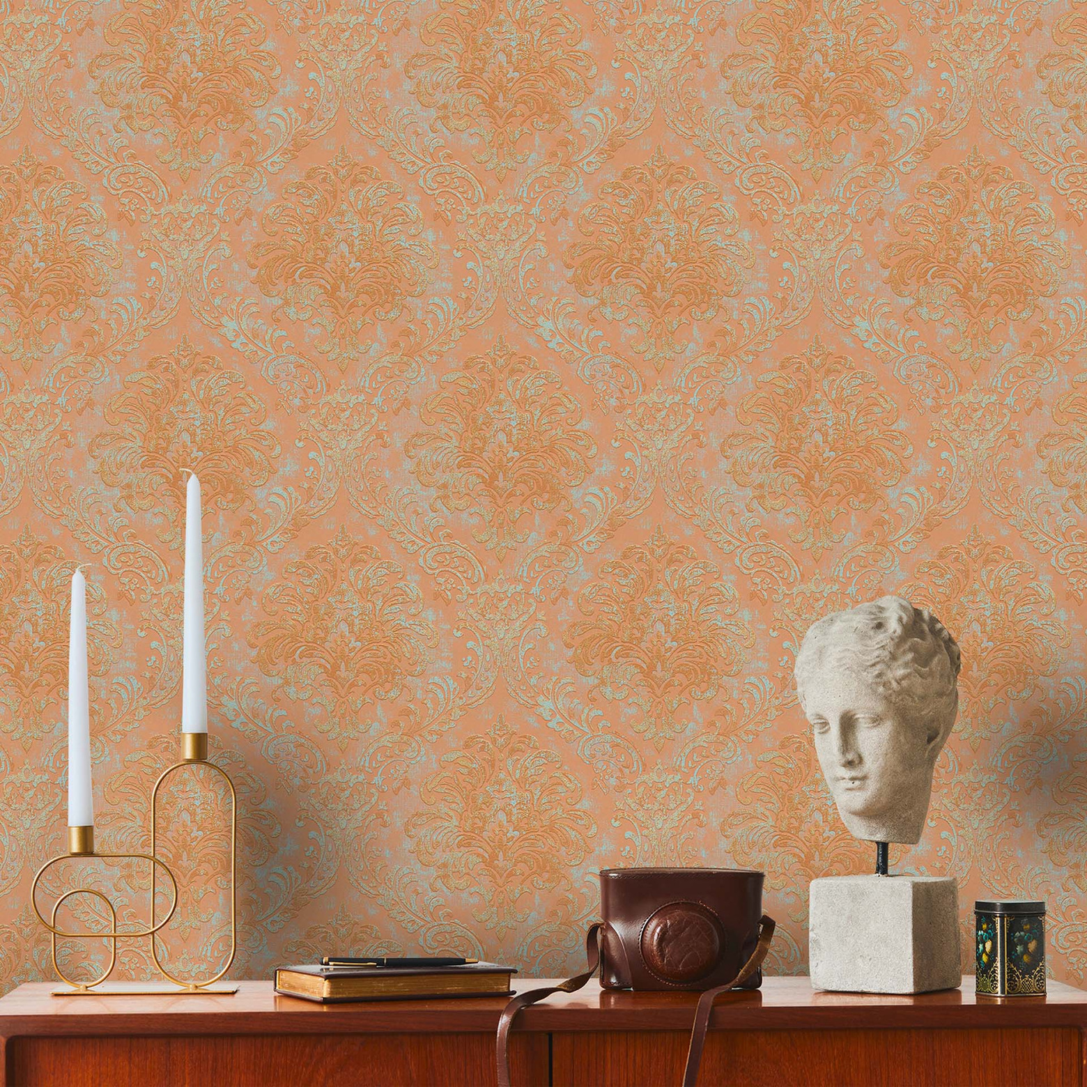 Barok behang oranje - vintage klassiek vliesbehang met ornamenten ...