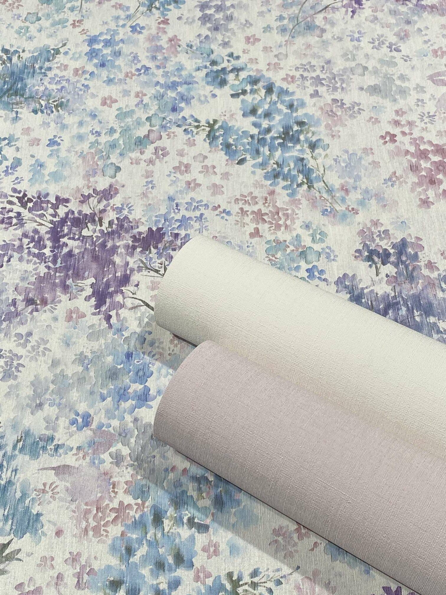 Behang met patroon, vlies bloemen behang Flora wit, blauw | wall-art.nl