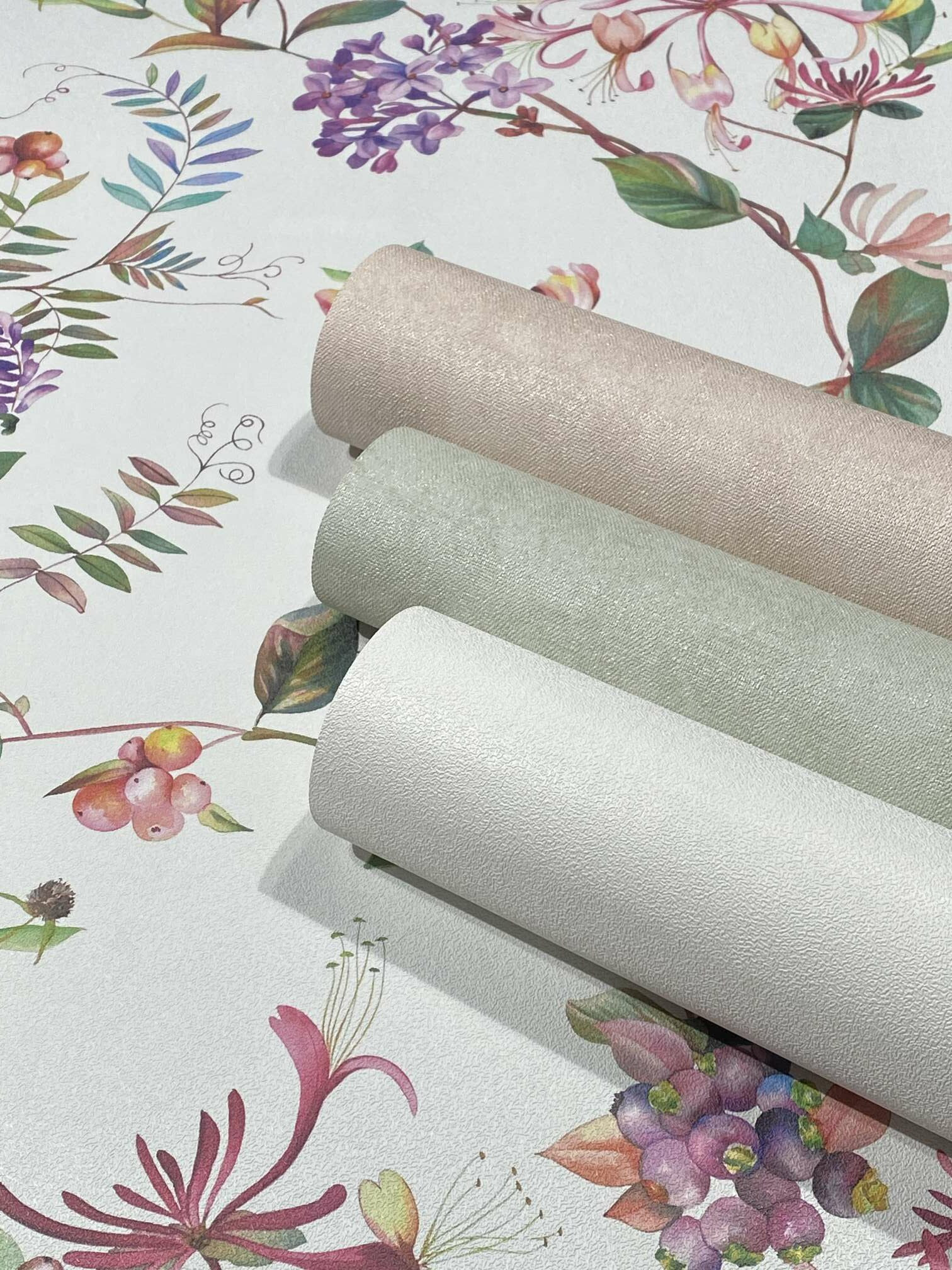 behang, vlies bloemen behang Flora wit, roze | wall-art.nl