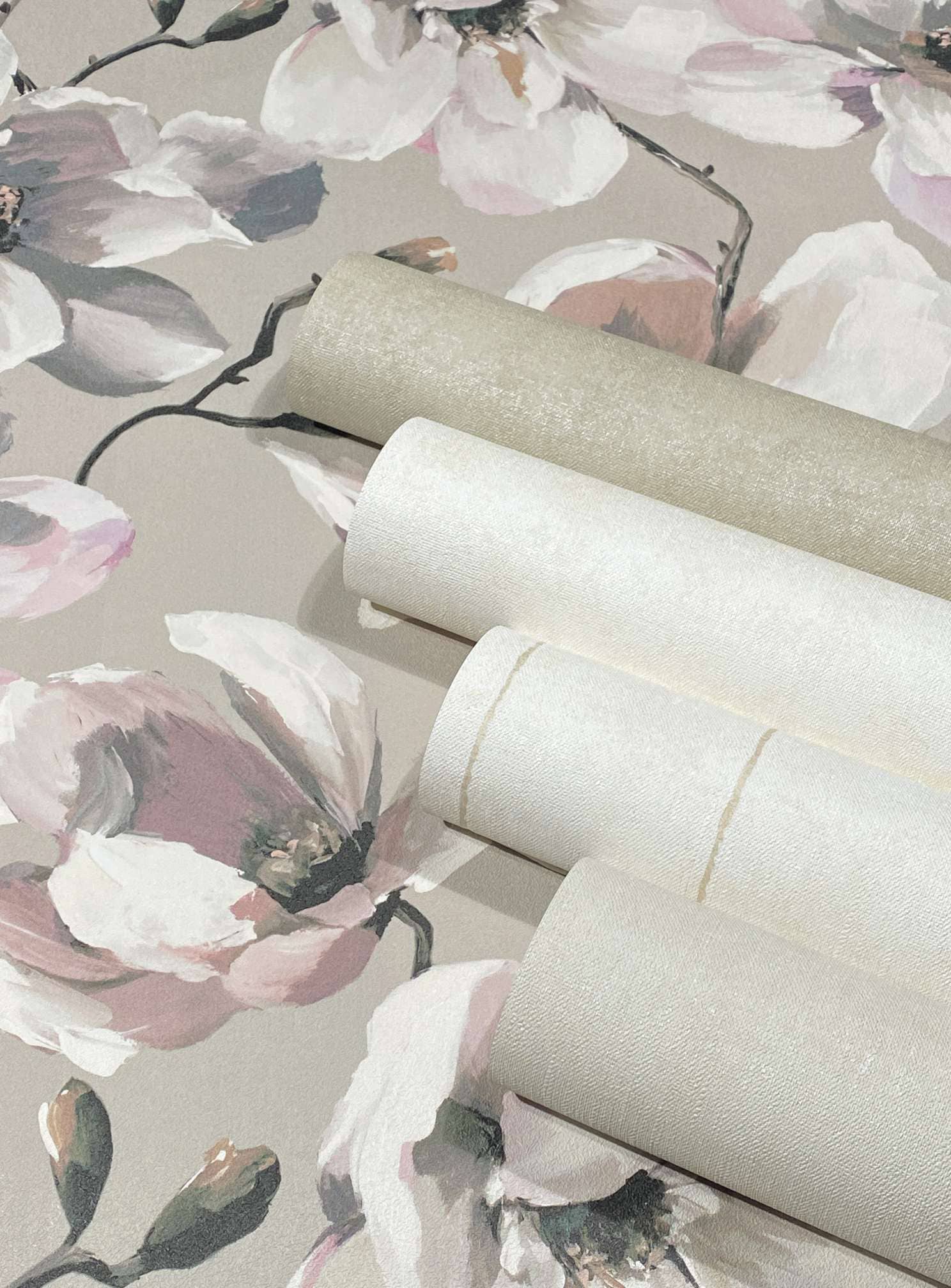 Papier peint à motifs, papier peint intissé à motifs floraux Flora gris ...