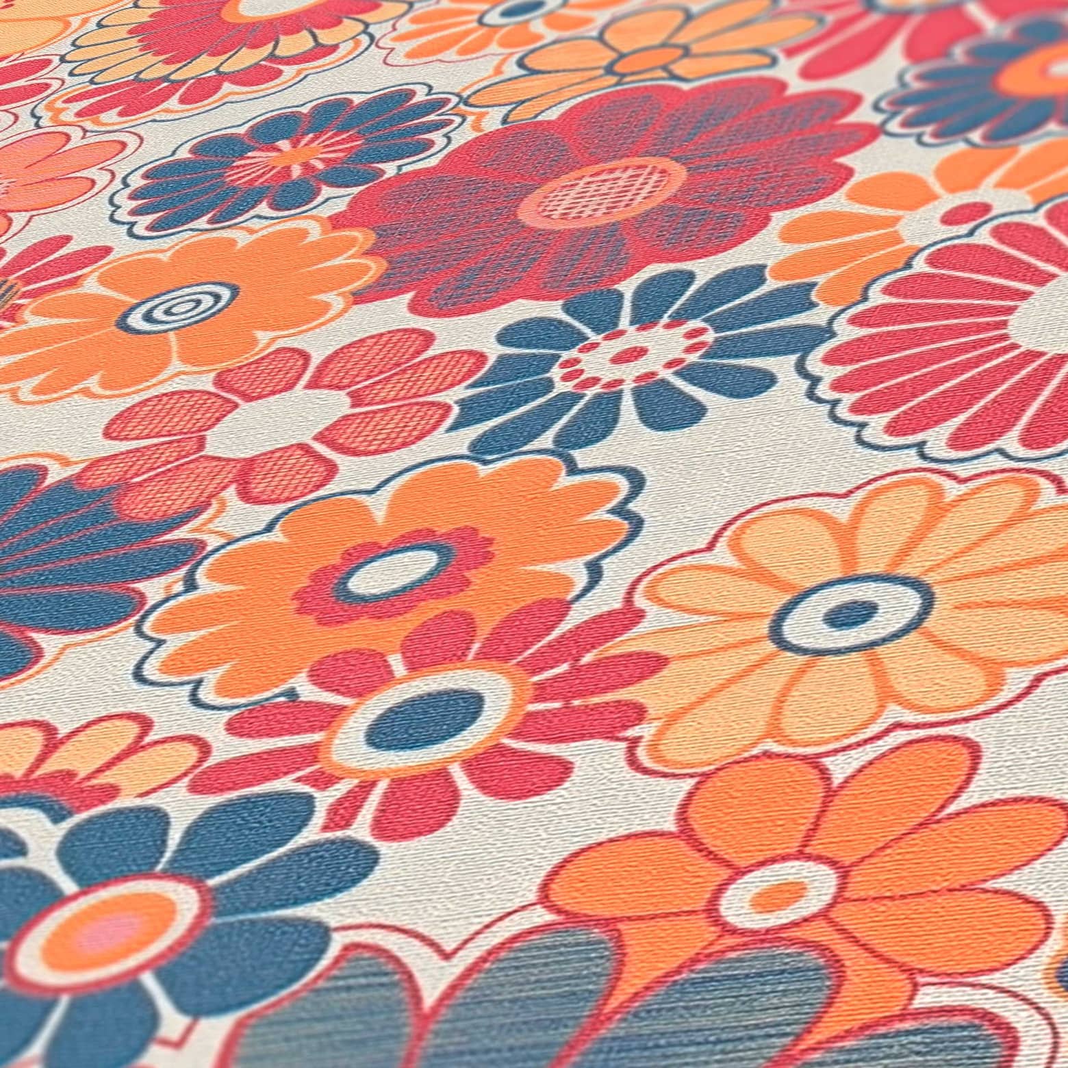 Papier peint rétro avec fleurs - papier peint intissé floral rouge bleu ...