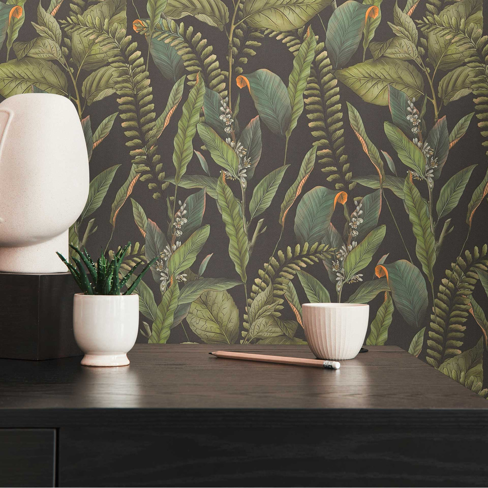 Jungle tapet sort grøn - non-woven tapet blomstret med blade og ...