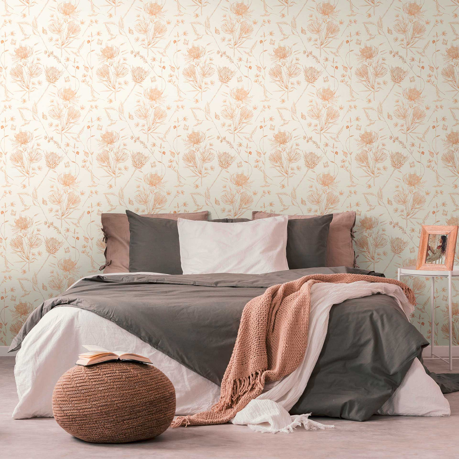 tapet med tegnede blomster hvid beige - non-woven tapet blomstret med ...