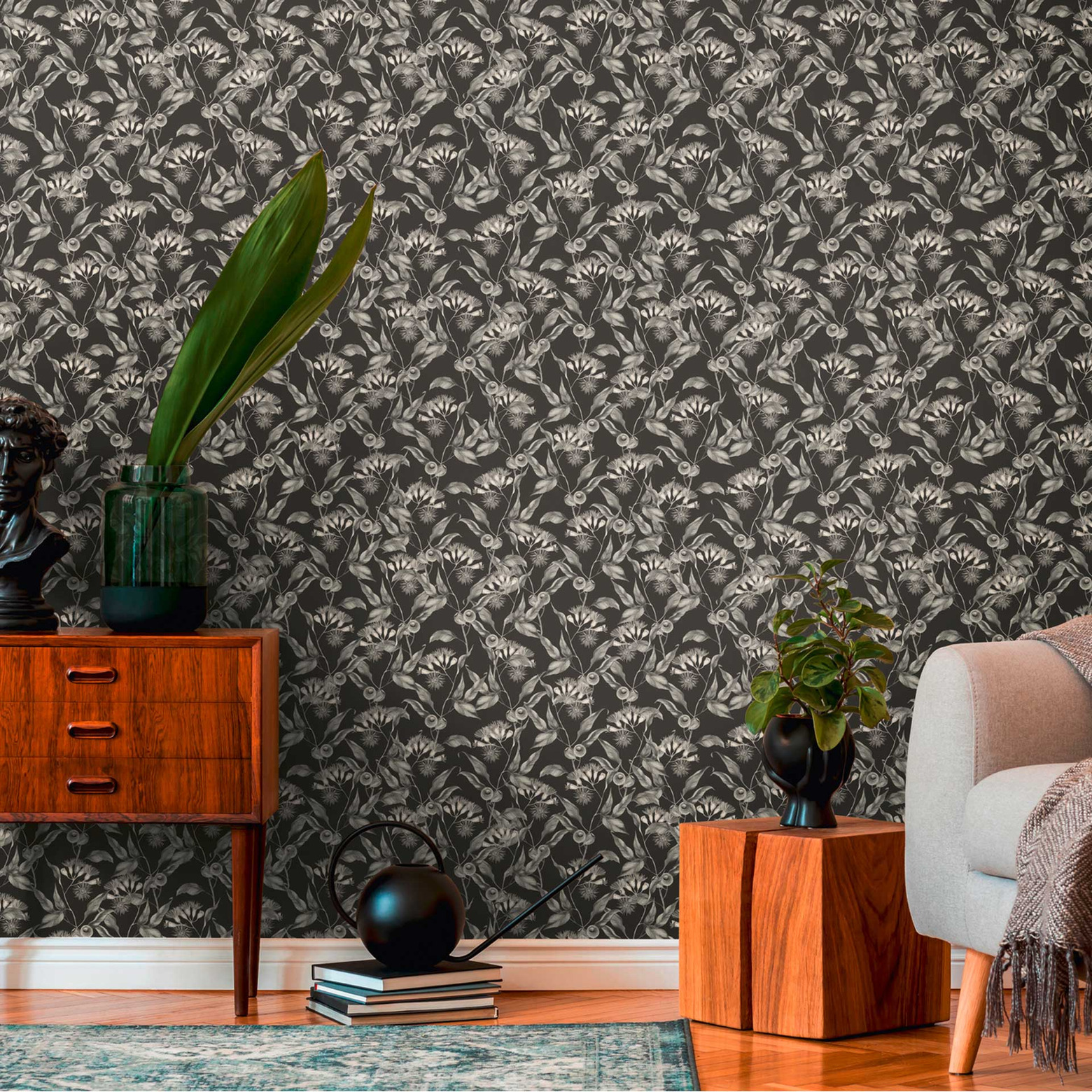 blomstret tapet med olivengrene sort og hvid - blomstret non-woven ...