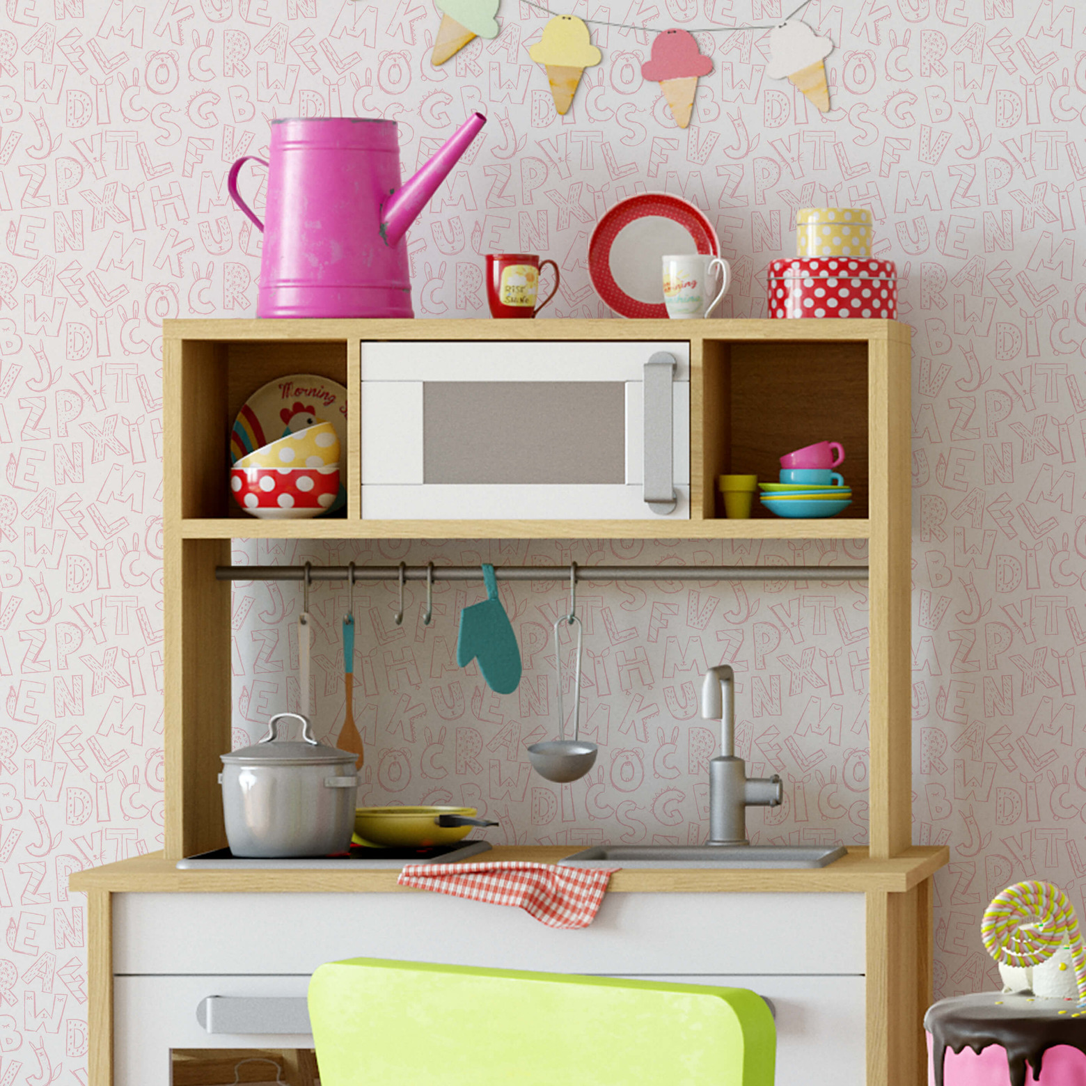 Patterned Wallpaper - Kids Alphabet - pink | wall-art.com