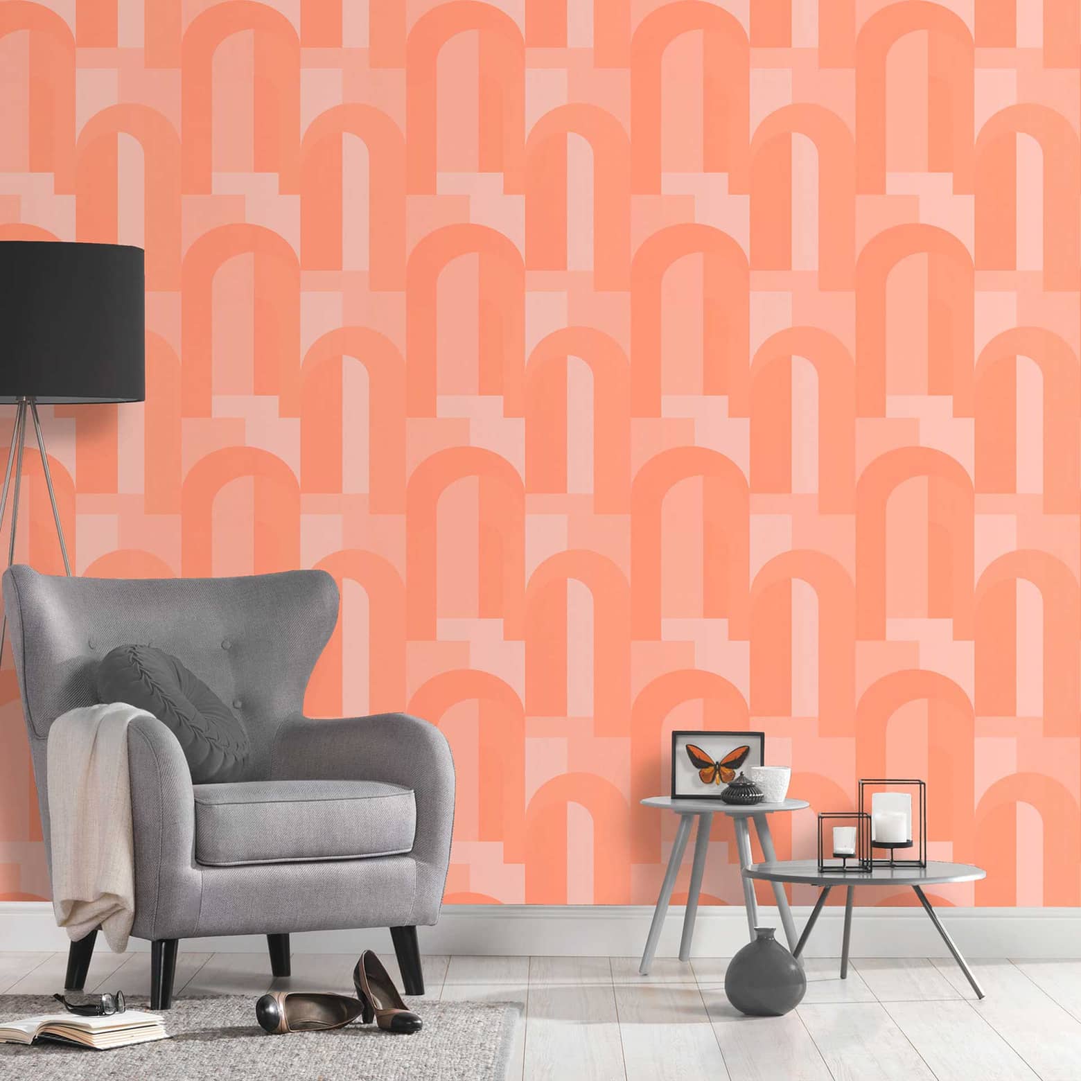 grafisch behang in art deco stijl oranje beige - vliesbehang met retro ...