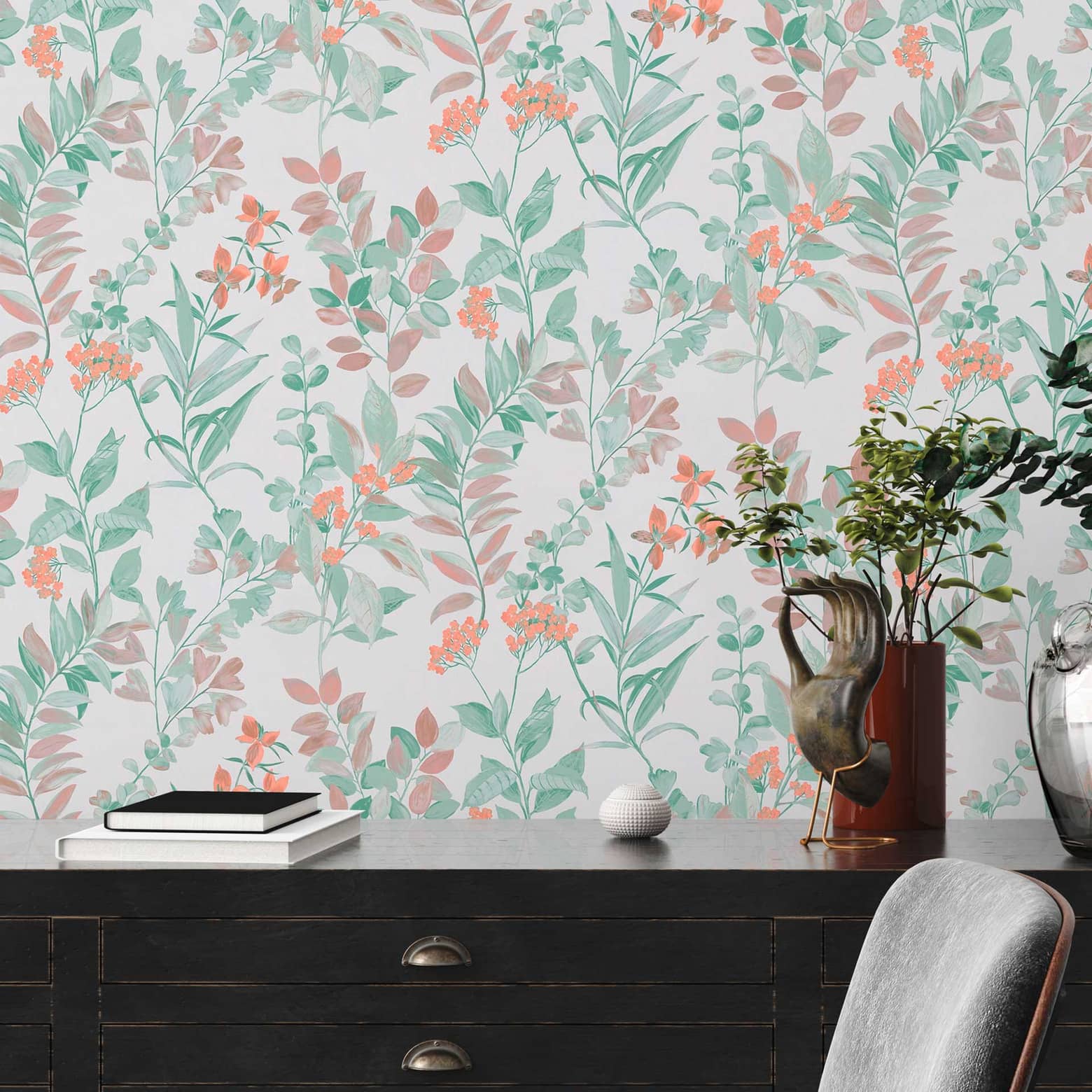 blomstertapet med blomster lysegrøn hvid - non-woven tapet blomst ...