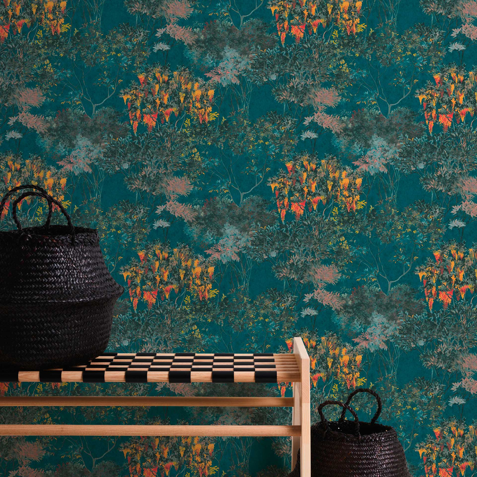 non-woven tapet med træer sort mørkeblå - akvarel tapet | wall-art.dk