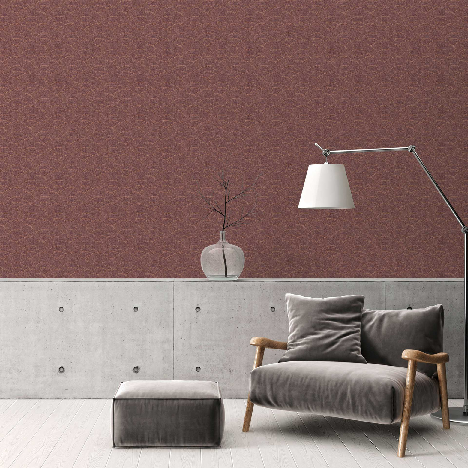 grafisk bølgemønster tapet rødguld - non-woven tapet med metallisk ...