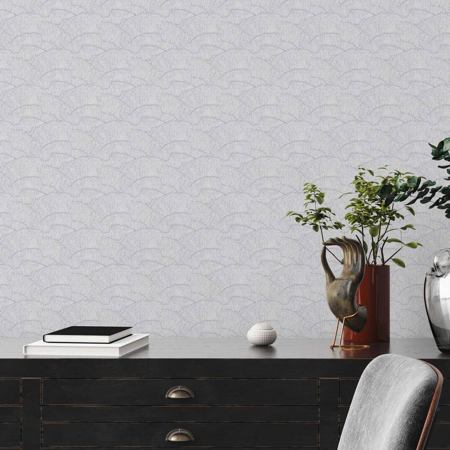 grafisk bølgemønster tapet sølv hvid - non-woven metallic effekt tapet ...