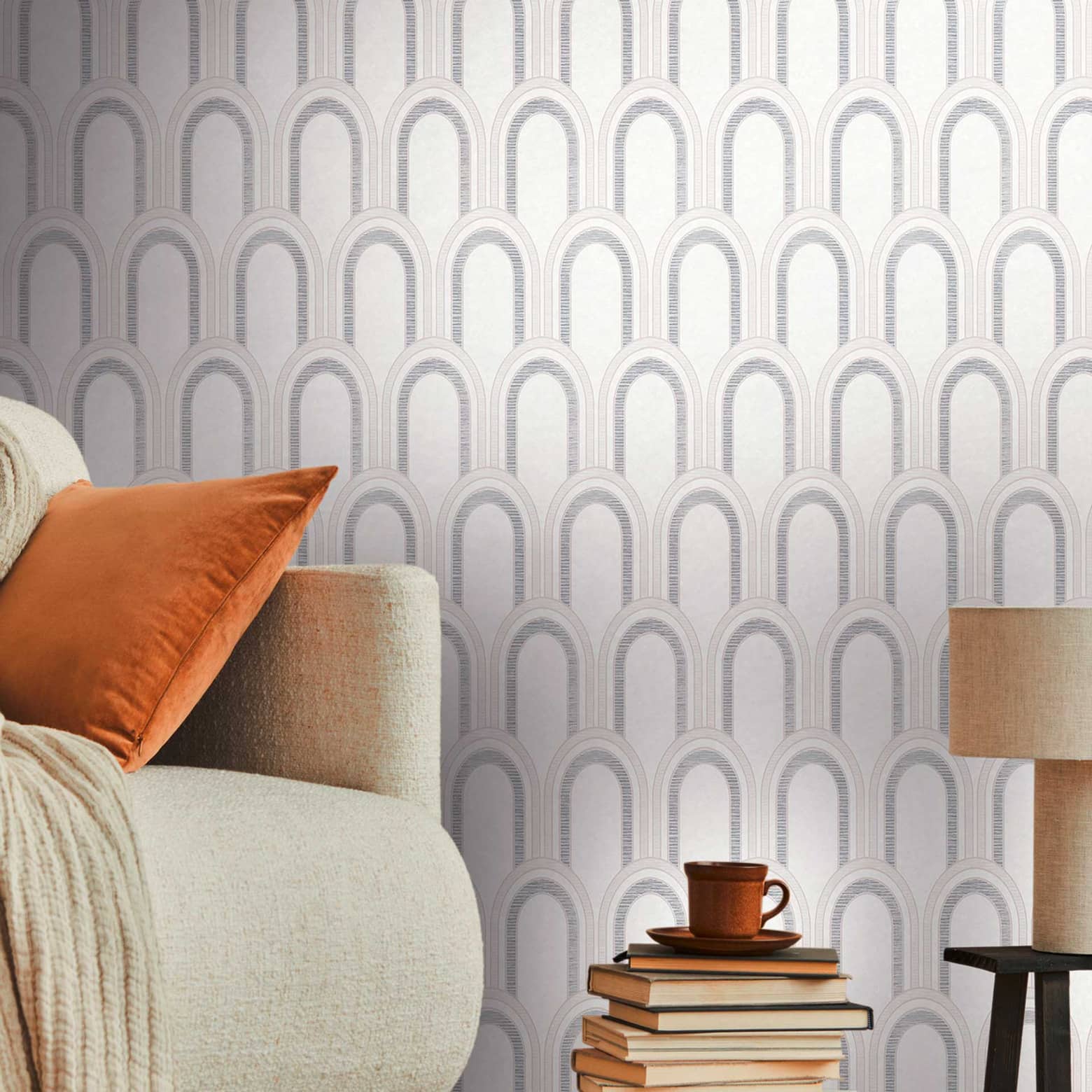 Mønstret tapet med buer i art deco-stil hvid sølv - grafisk tapet i ...
